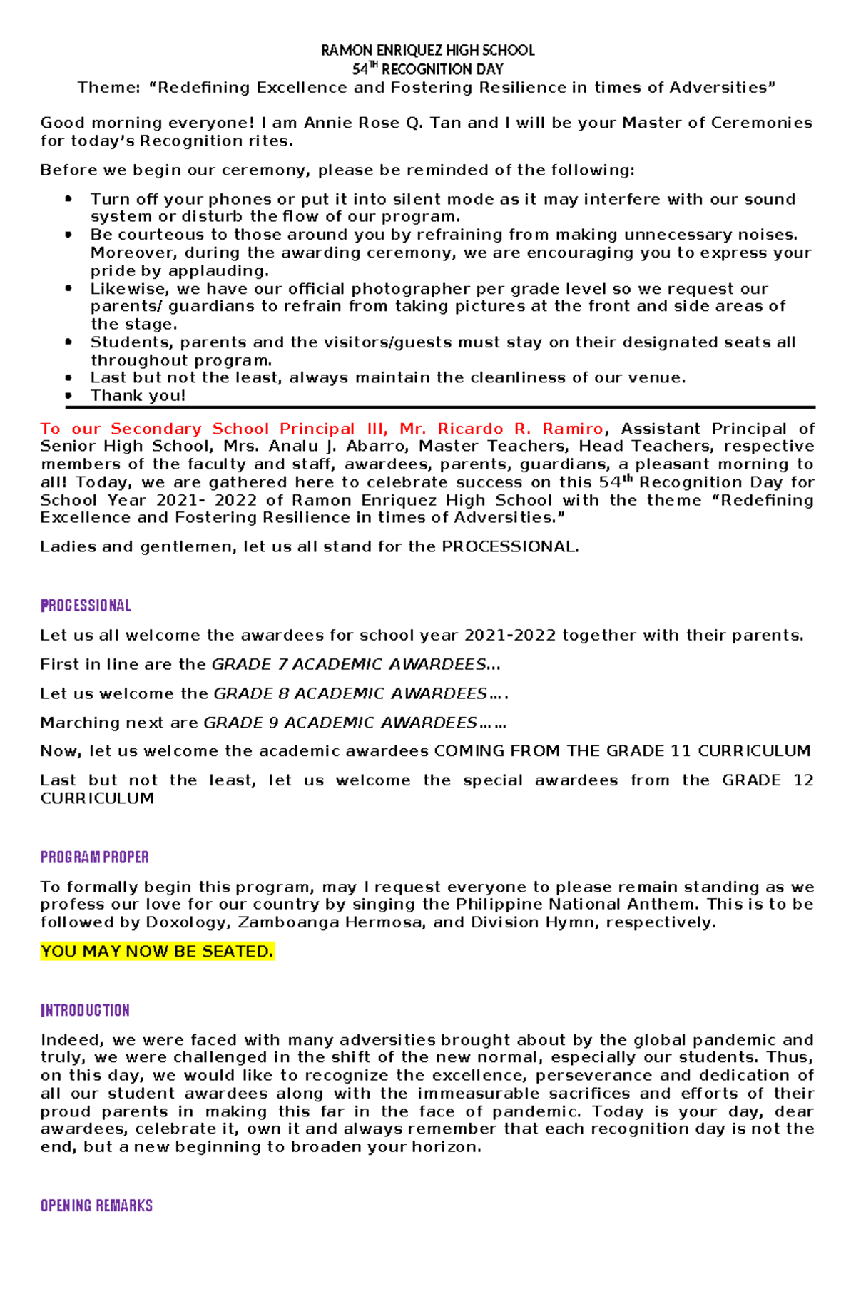 Script Recognition 2022 - RAMON ENRIQUEZ HIGH SCHOOL 54 TH RECOGNITION ...