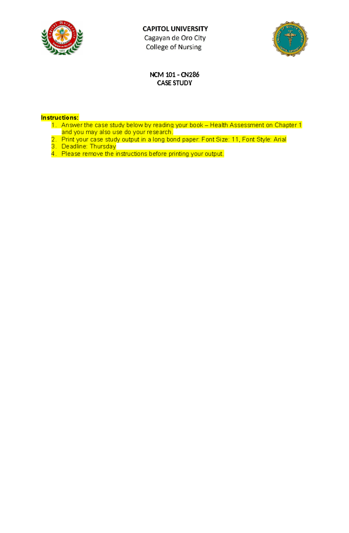 Assignment Case-Study - BSED Biological Science - CAPITOL UNIVERSITY Cagayan De Oro City College ...