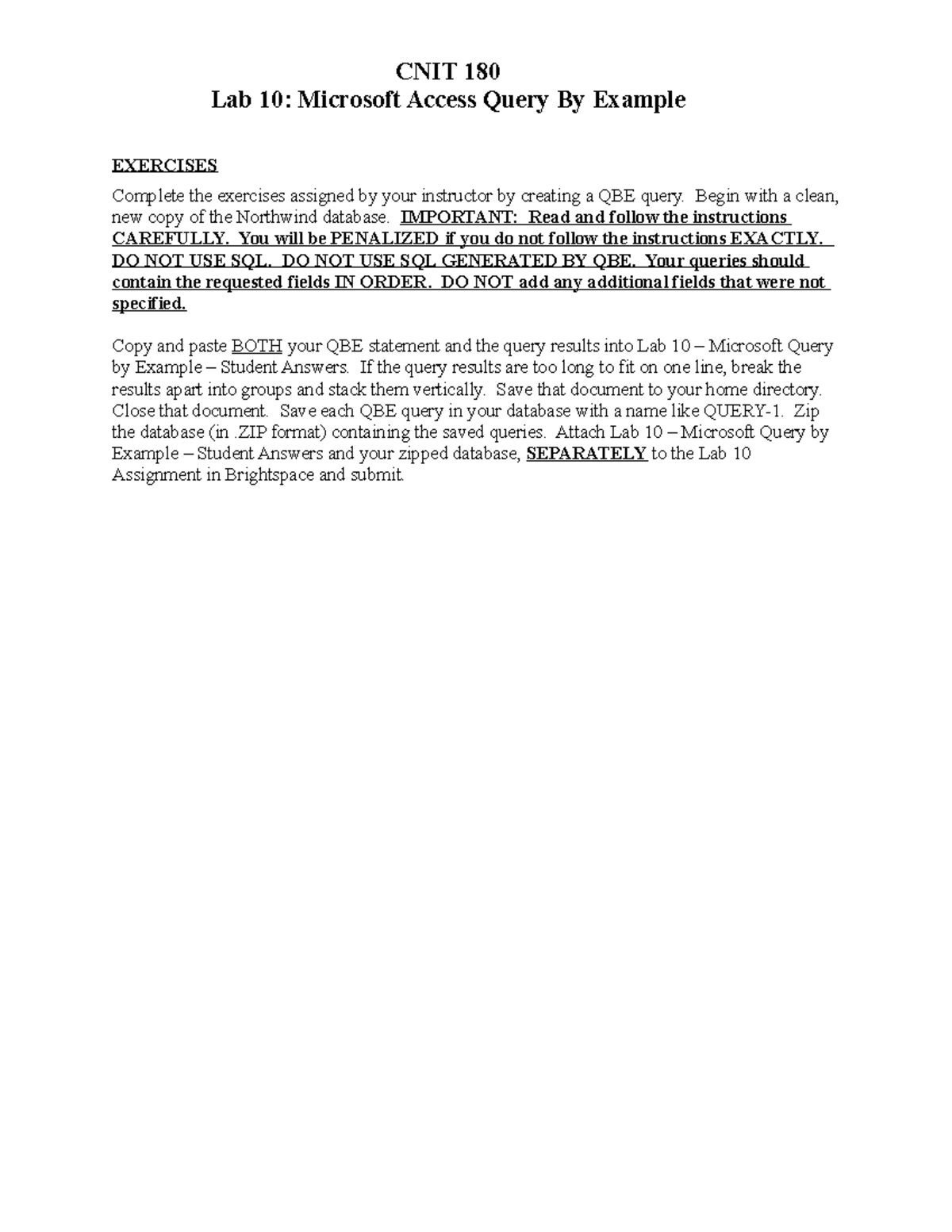 Lab 10 - Microsoft Access Query By Example - Student Answers - Lab 10 ...