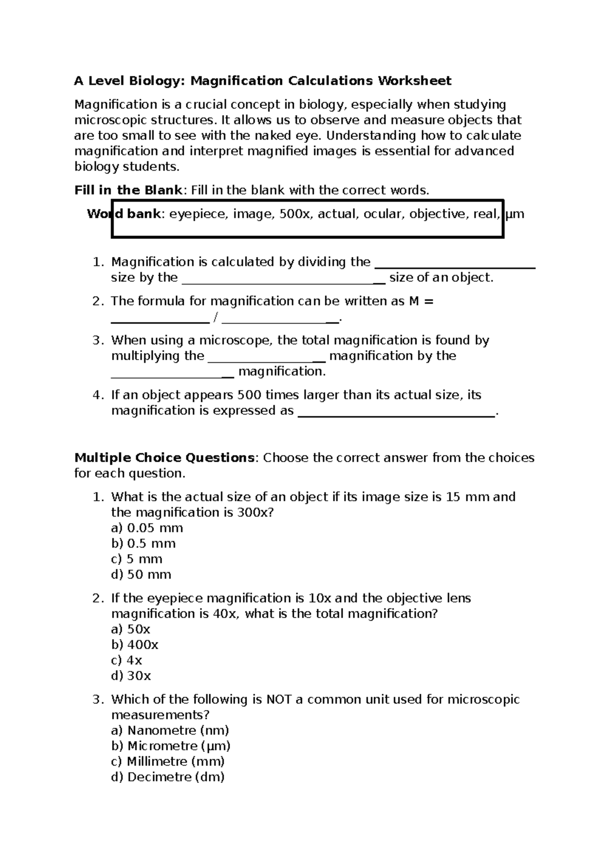 Magnification worksheet - A Level Biology: Magnification Calculations ...