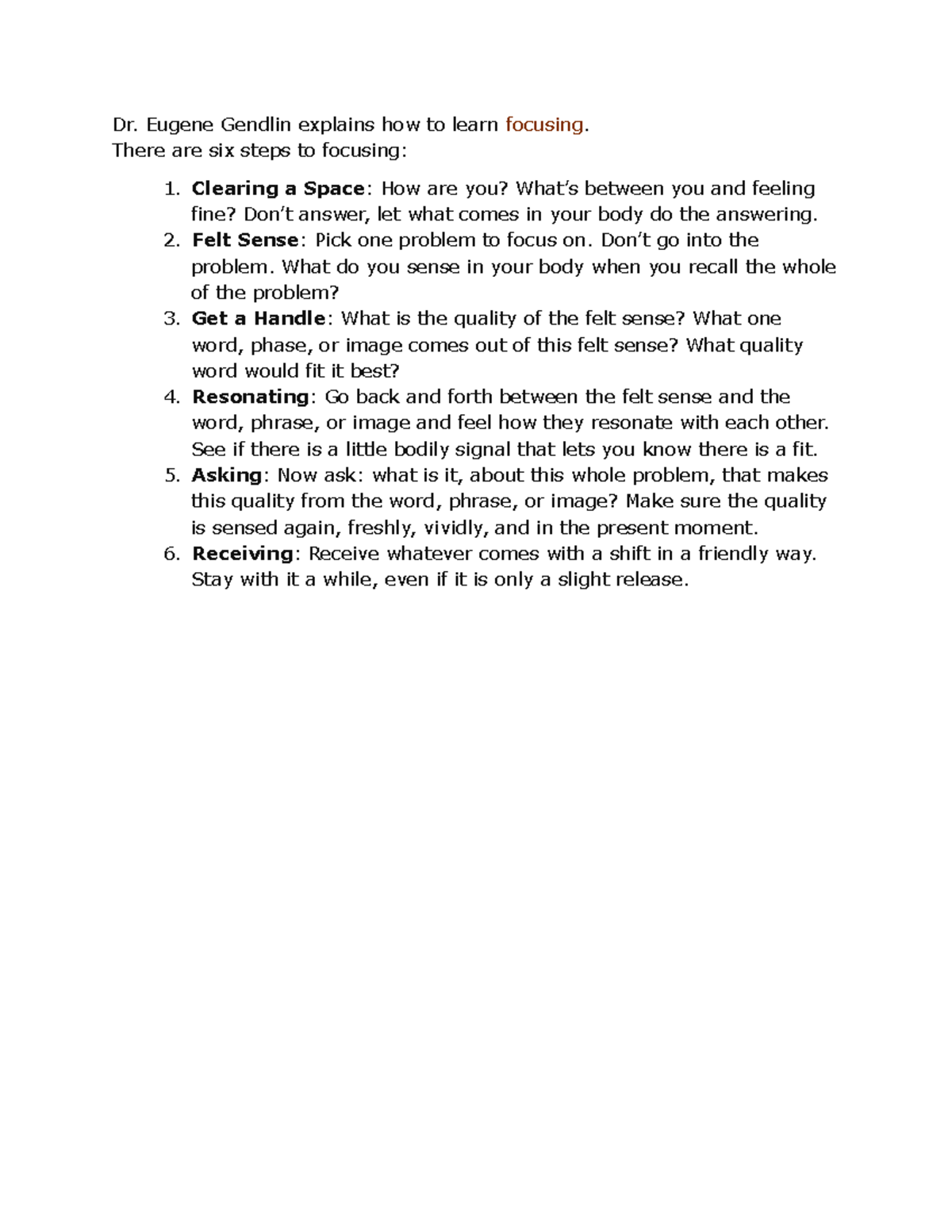 Focusing+Six+Steps - Thank you - Dr. Eugene Gendlin explains how to ...