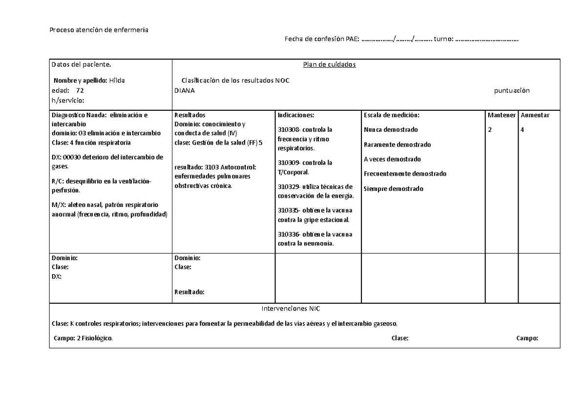 PAE enfermeria - apuntes - Proceso atención de enfermería Fecha de ...