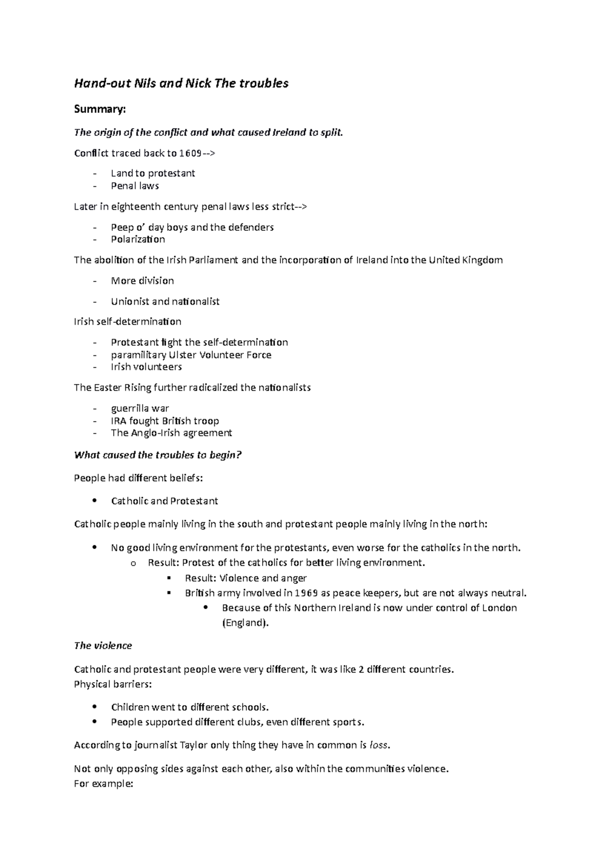 The Troubles in Northern Ireland - Hand-out Nils and Nick The troubles ...