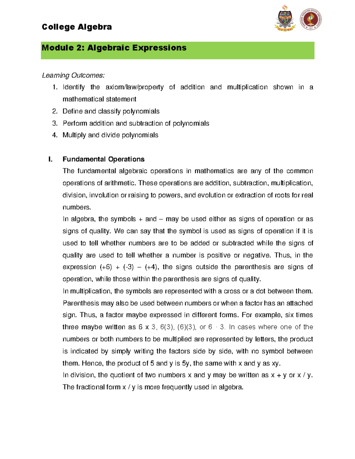 Module 2 Algebra - A practice material for math lovers and engineers ...