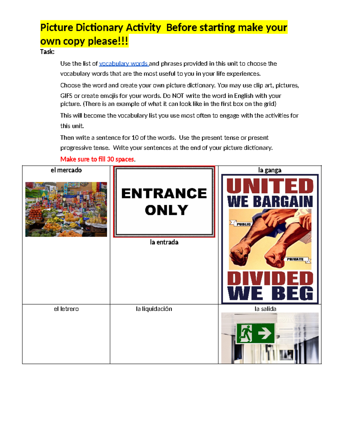2B Picture Dictionary - own copy please!!! Task: Use the list of ...