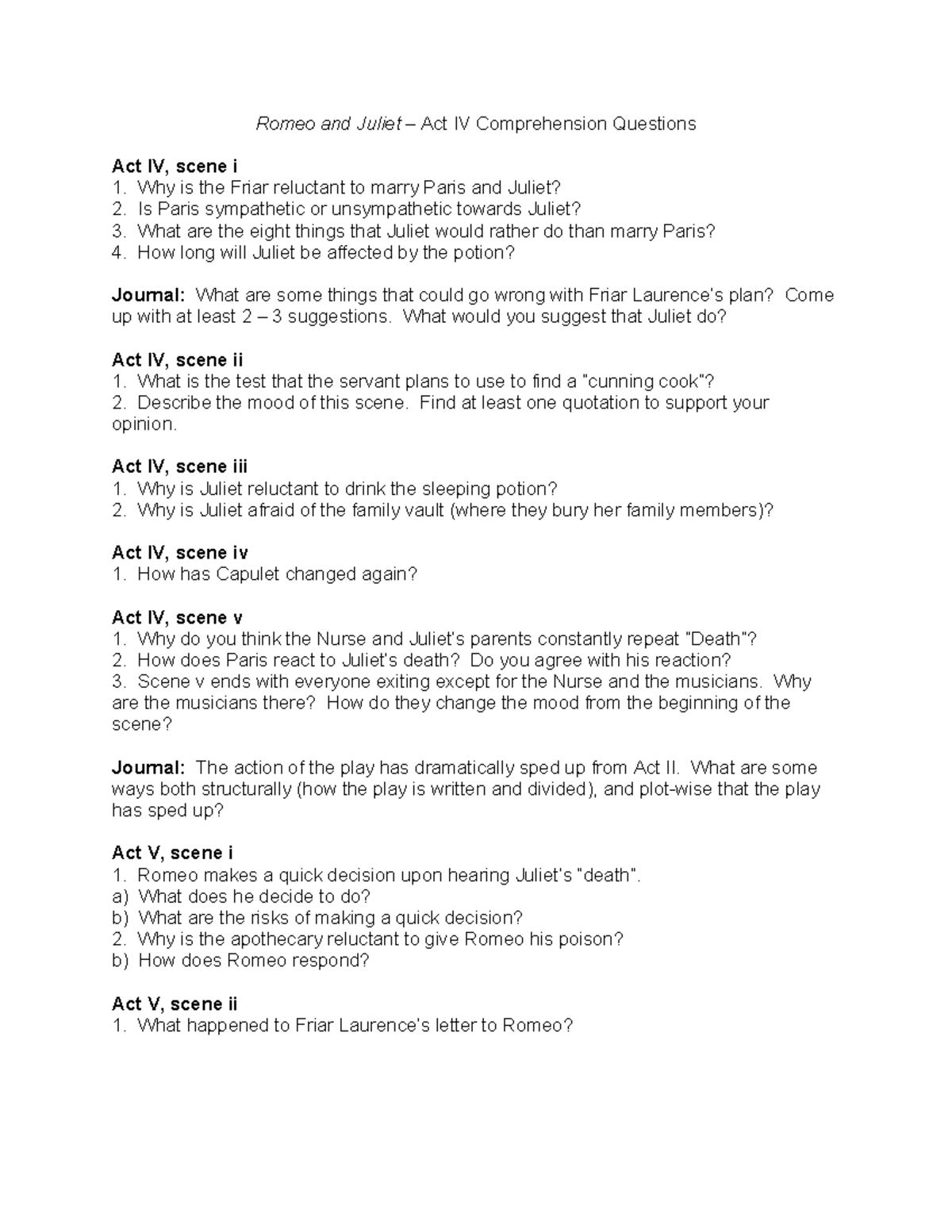 R and J Act IV and V questions - Romeo and Juliet – Act IV ...