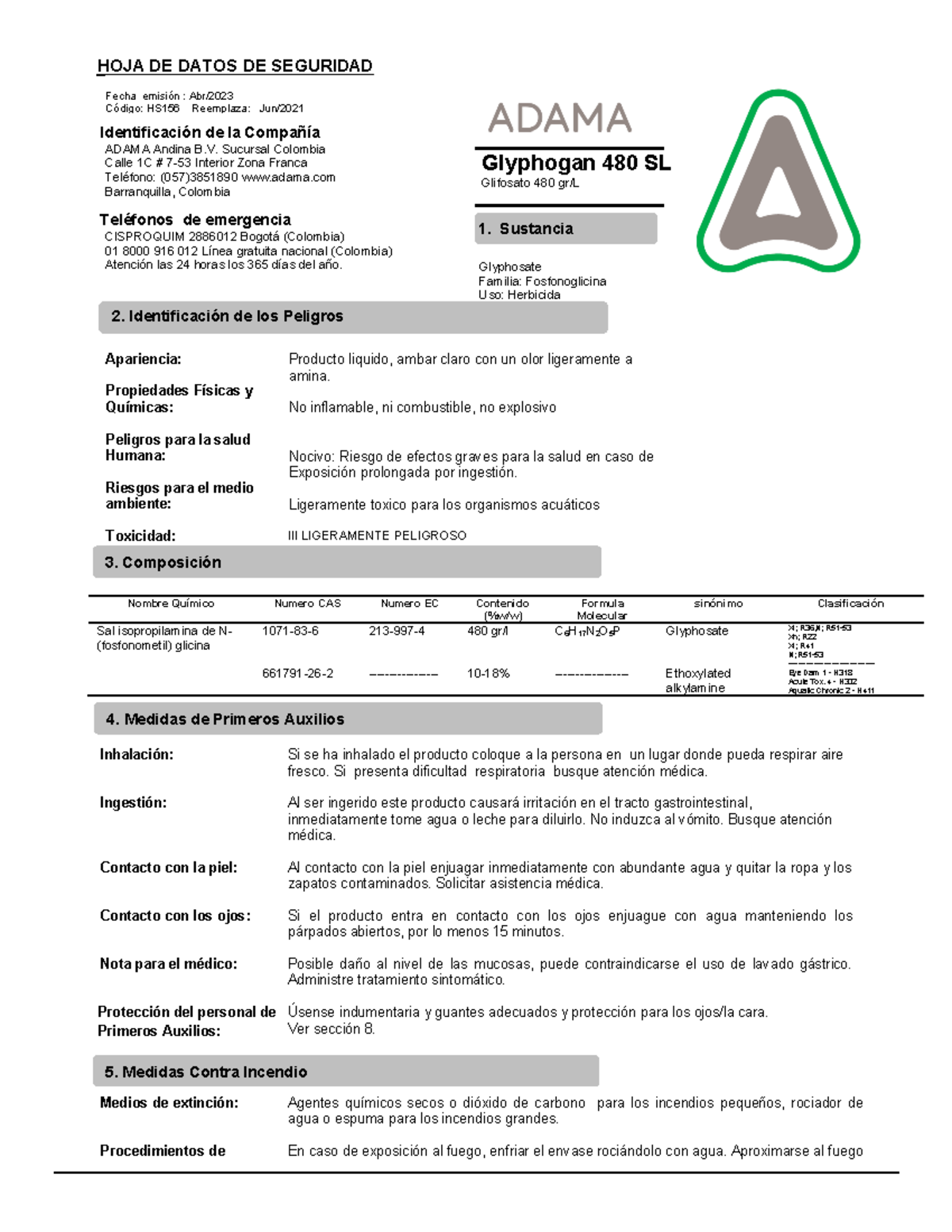 1. Adama Glyphogan 480 L - HOJA DE DATOS DE SEGURIDAD Fecha emisión ...