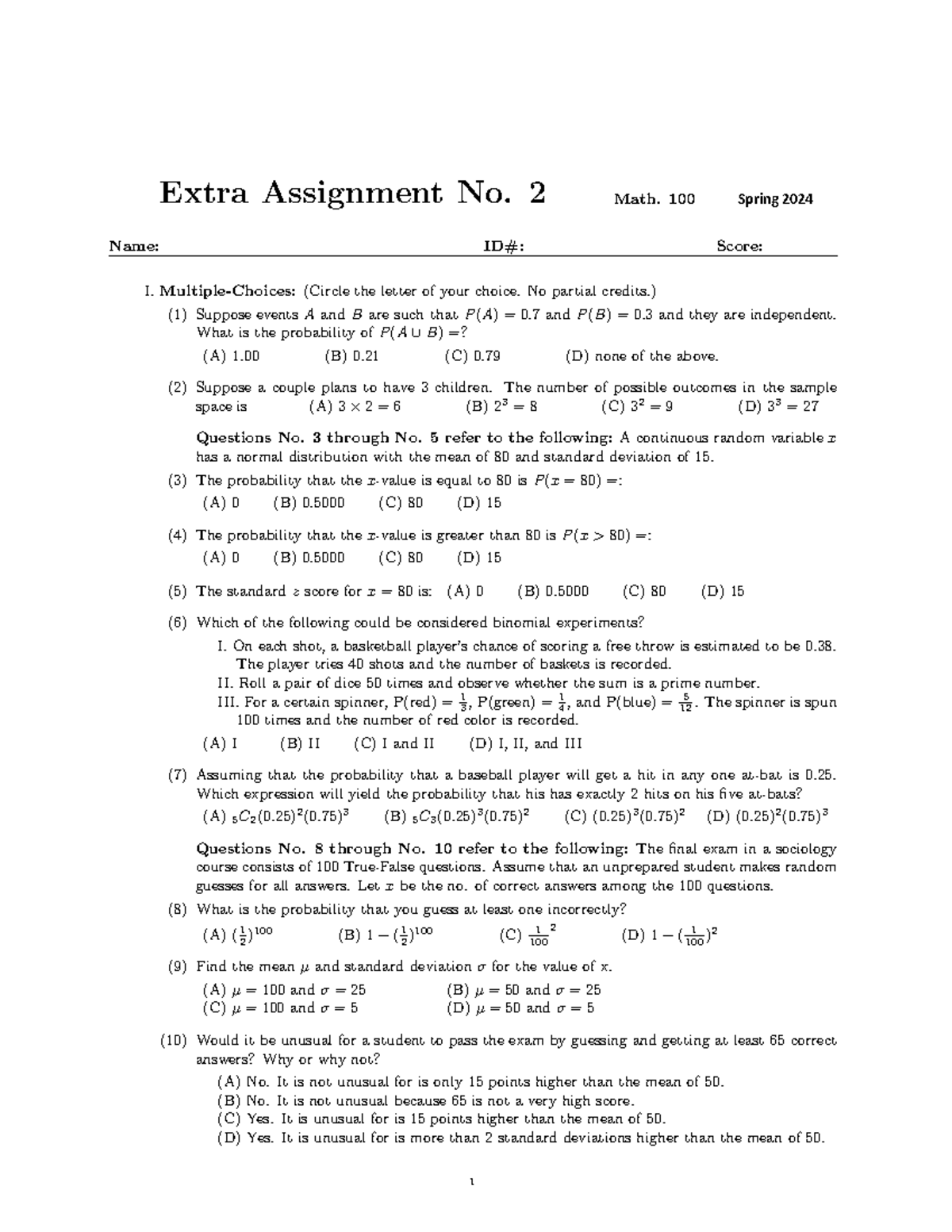 Extra Assignment No.2 Math100 - Extra Assignment No. 2 Name: ID#: Score ...