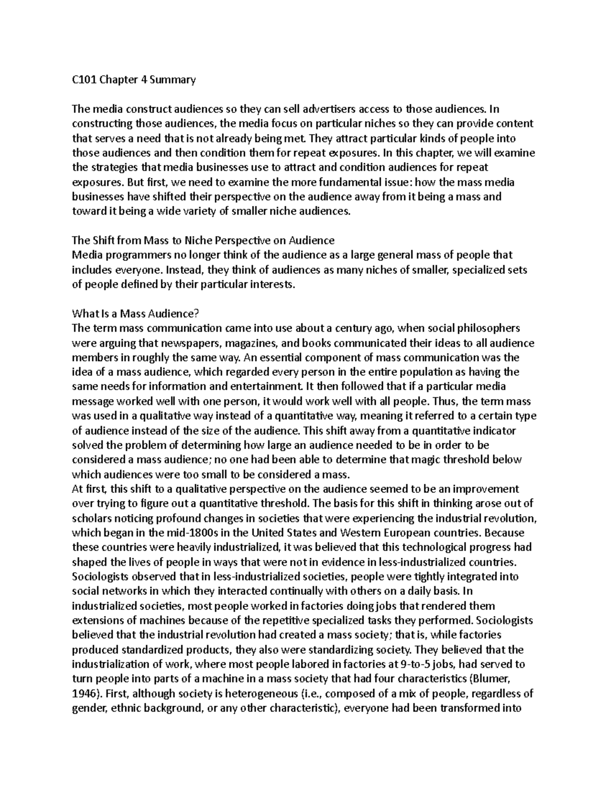 C101 Chapter 4 Summary - C101 Chapter 4 Summary The media construct ...