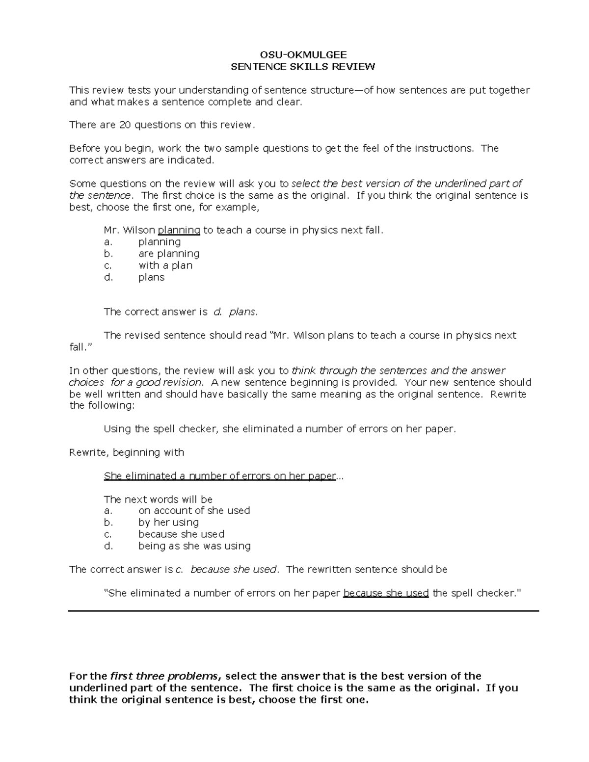 Sentence skills test - dsdsd - OSU-OKMULGEE SENTENCE SKILLS REVIEW This ...