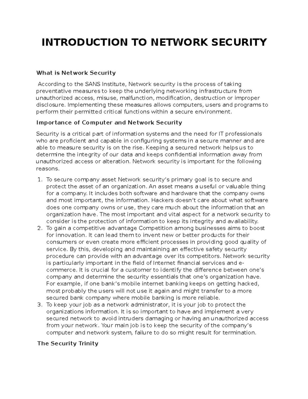 Network Security Notes Introduction To Network Security What Is Network Security According To