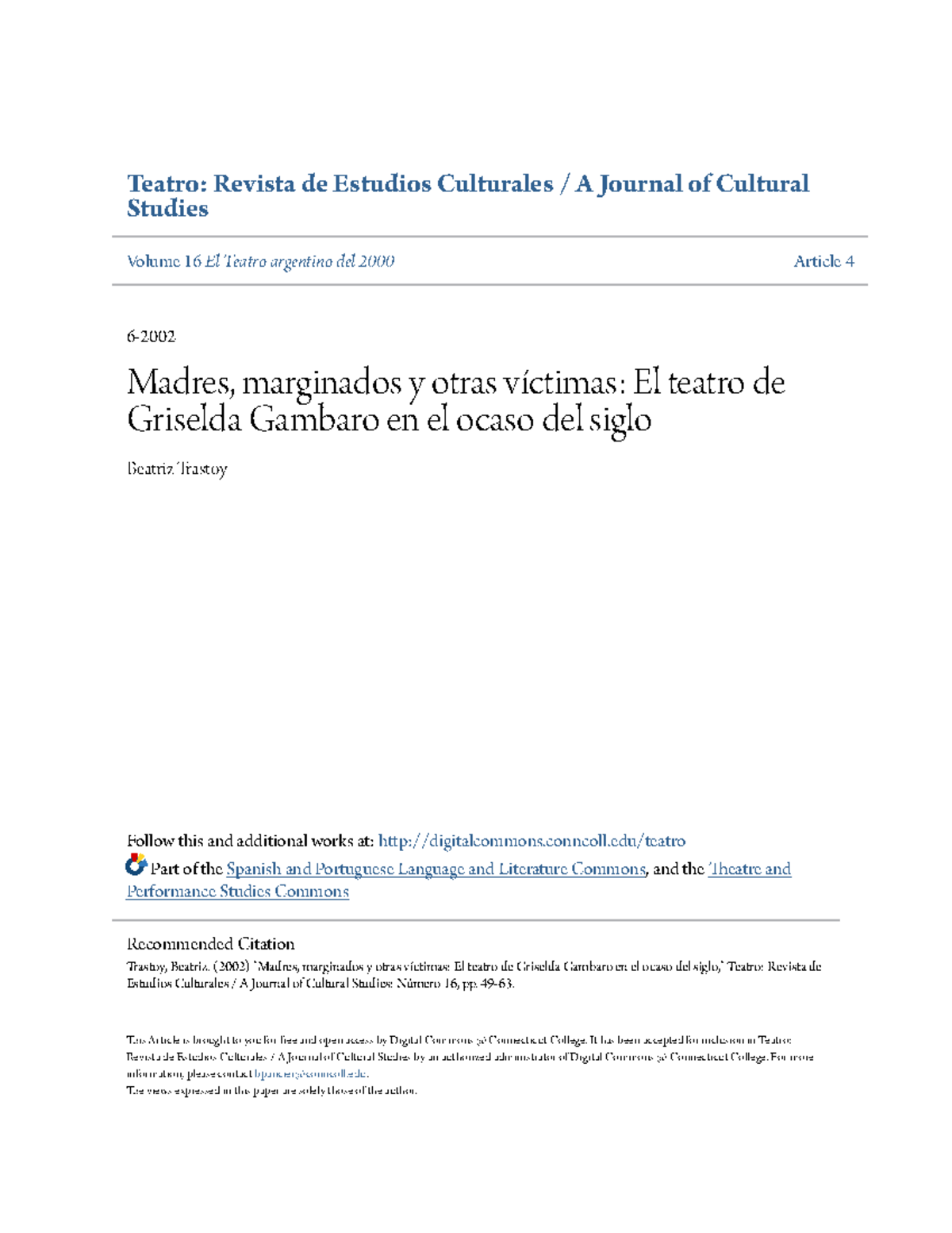 El teatro de Griselda Gambaro en el ocaso del siglo - Teatro: Revista ...