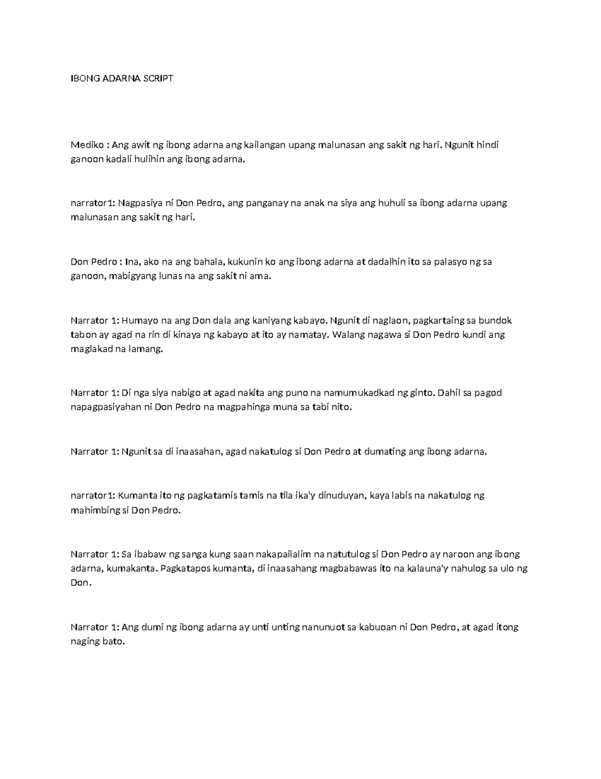 Ibong-adarna-script - ibong adarna - IBONG ADARNA SCRIPT Mediko : Ang ...