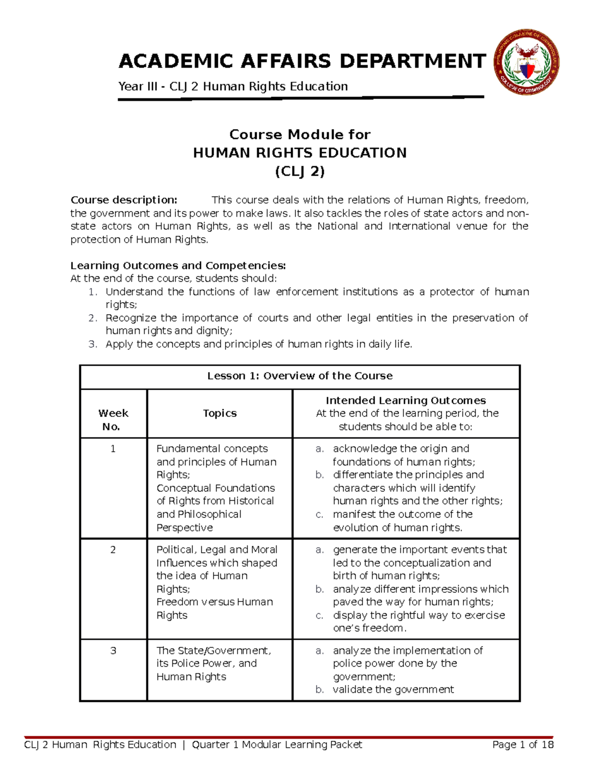 CLJ2- week 1 to 2 - gdfggtrgrthrthrthrthrth - Year III - CLJ 2 Human Rights Education Course ...