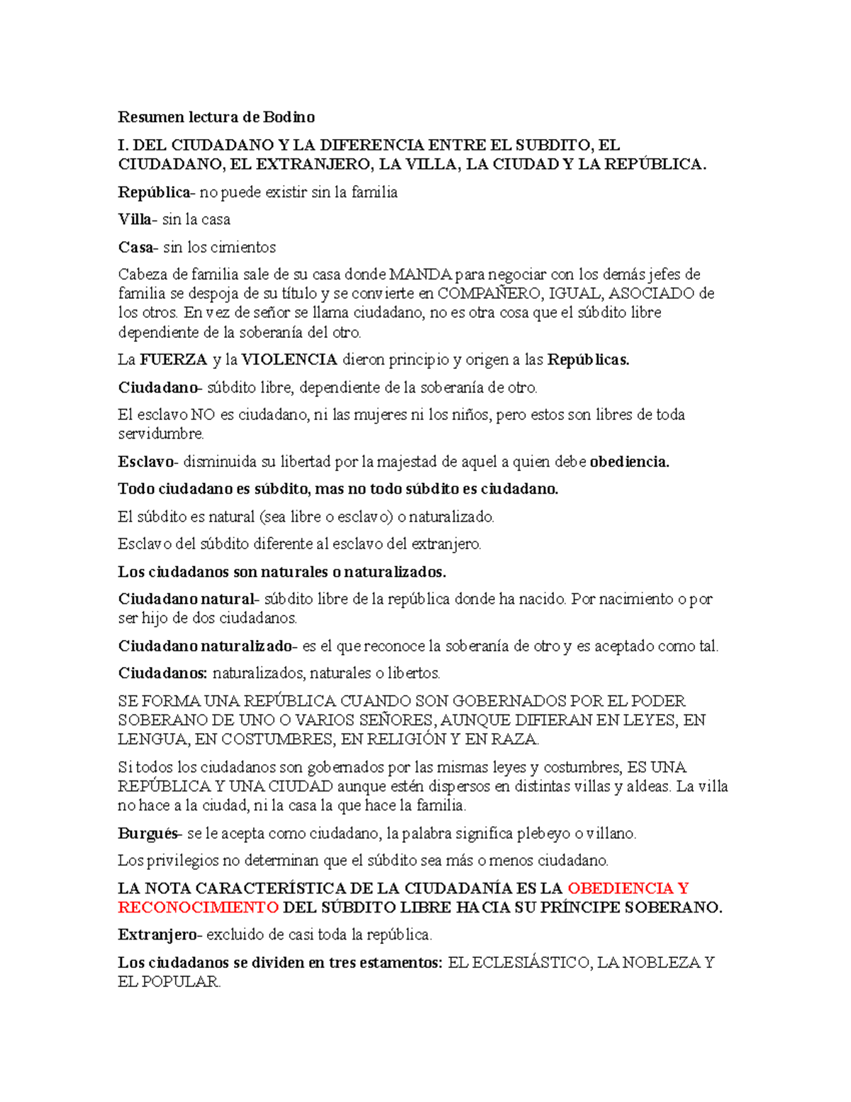 Resumen lectura de Bodino - DEL CIUDADANO Y LA DIFERENCIA ENTRE EL ...