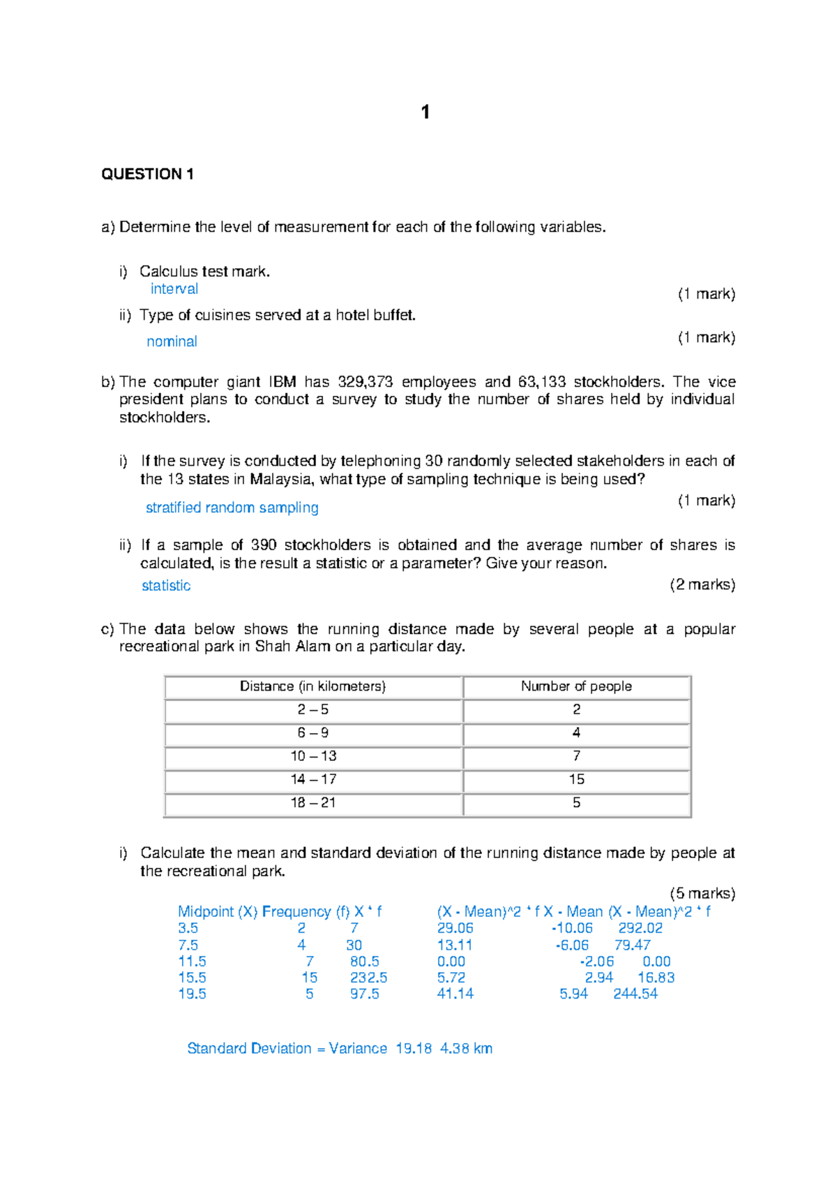 STA.Tutorial 1 - QUESTION 1 a) Determine the level of measurement for ...