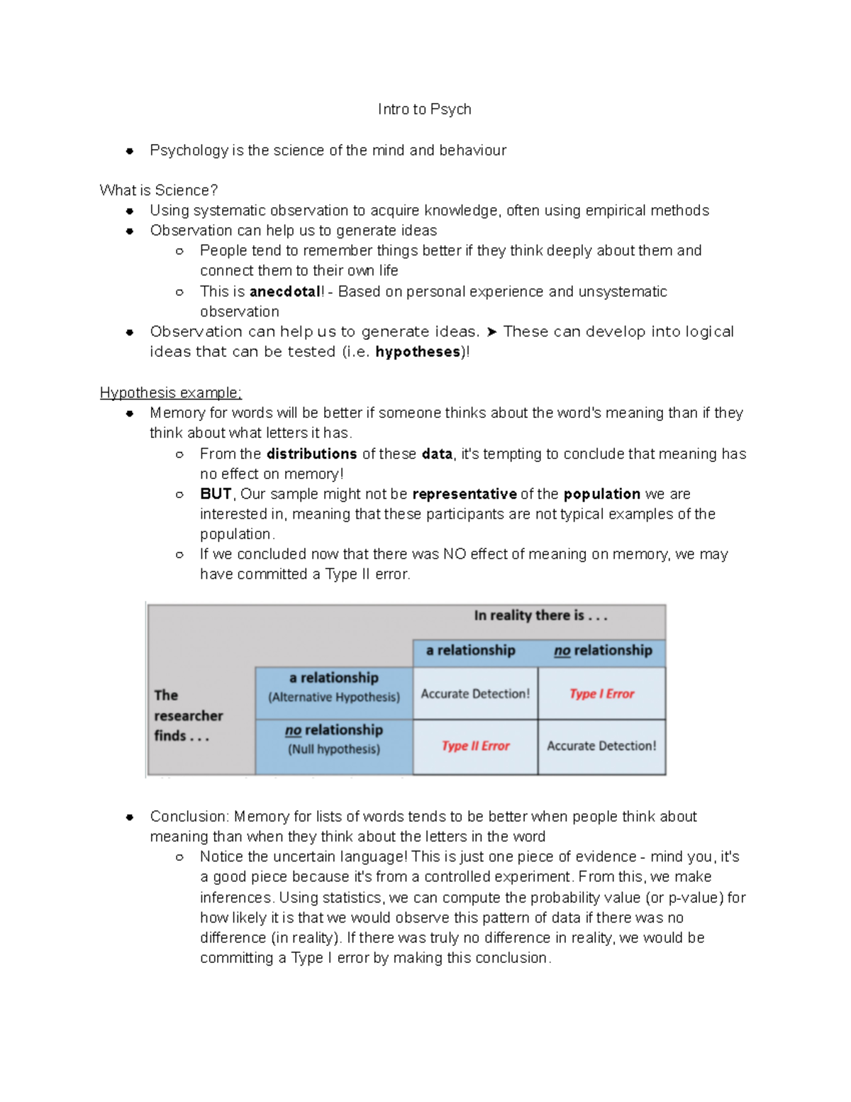 Intro to Psych - Lecture notes 1 - Intro to Psych Psychology is the ...