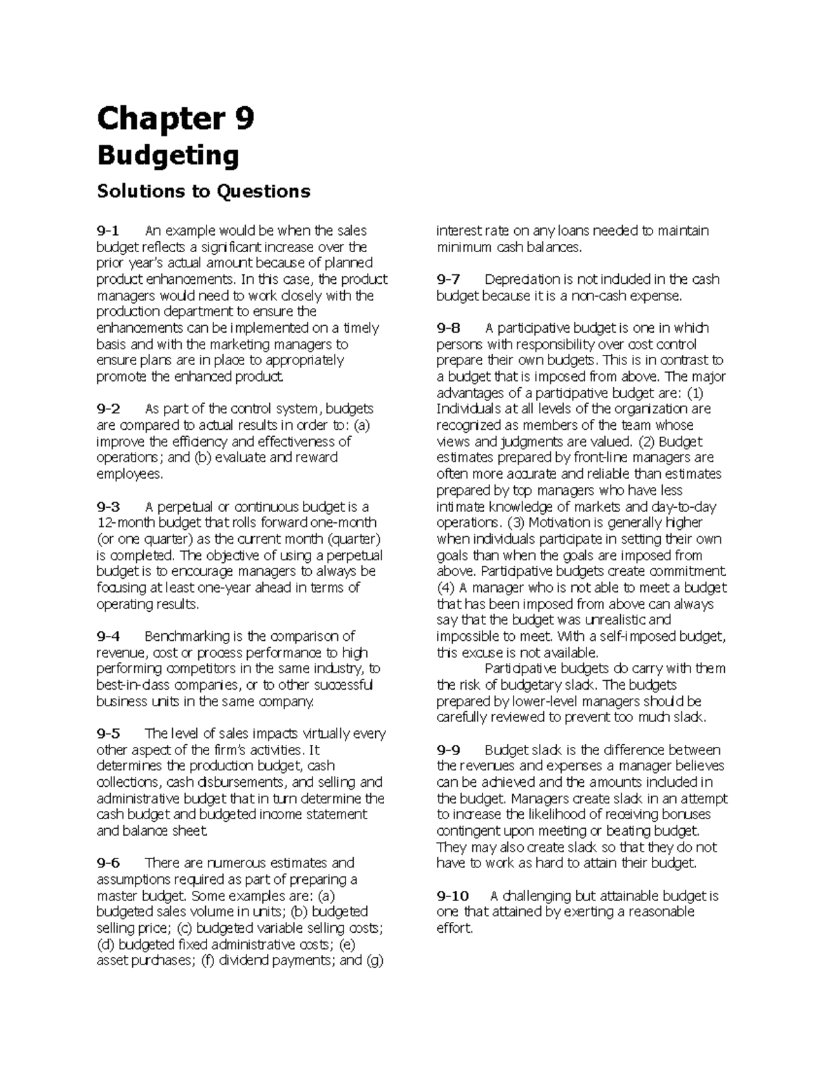 Chapter 9 Practice Questions - Chapter 9 Budgeting Solutions to ...