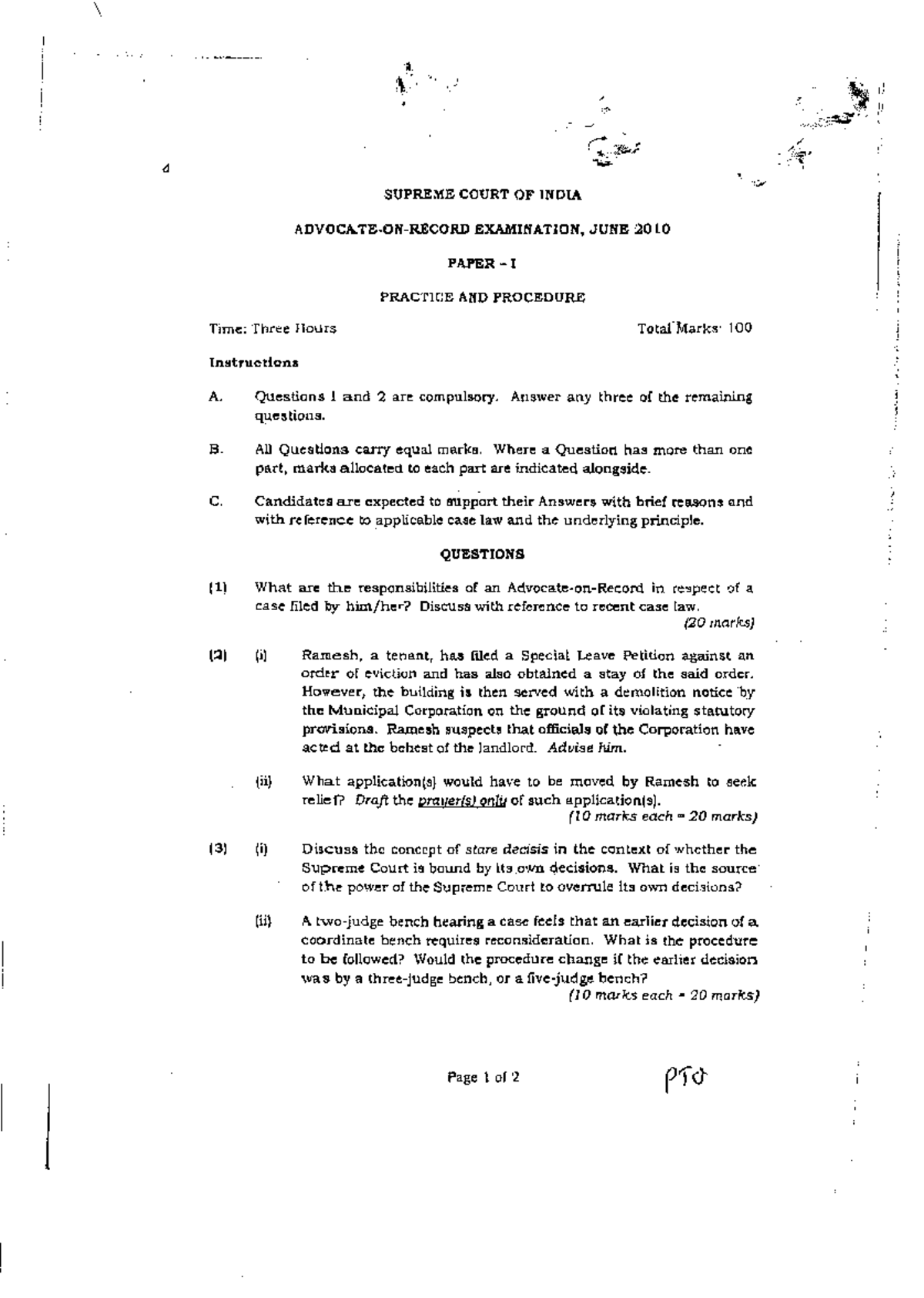 Question-Papers of AOR Examination,2010 - SUPREME COURT OF INDIA ADVOCA ...