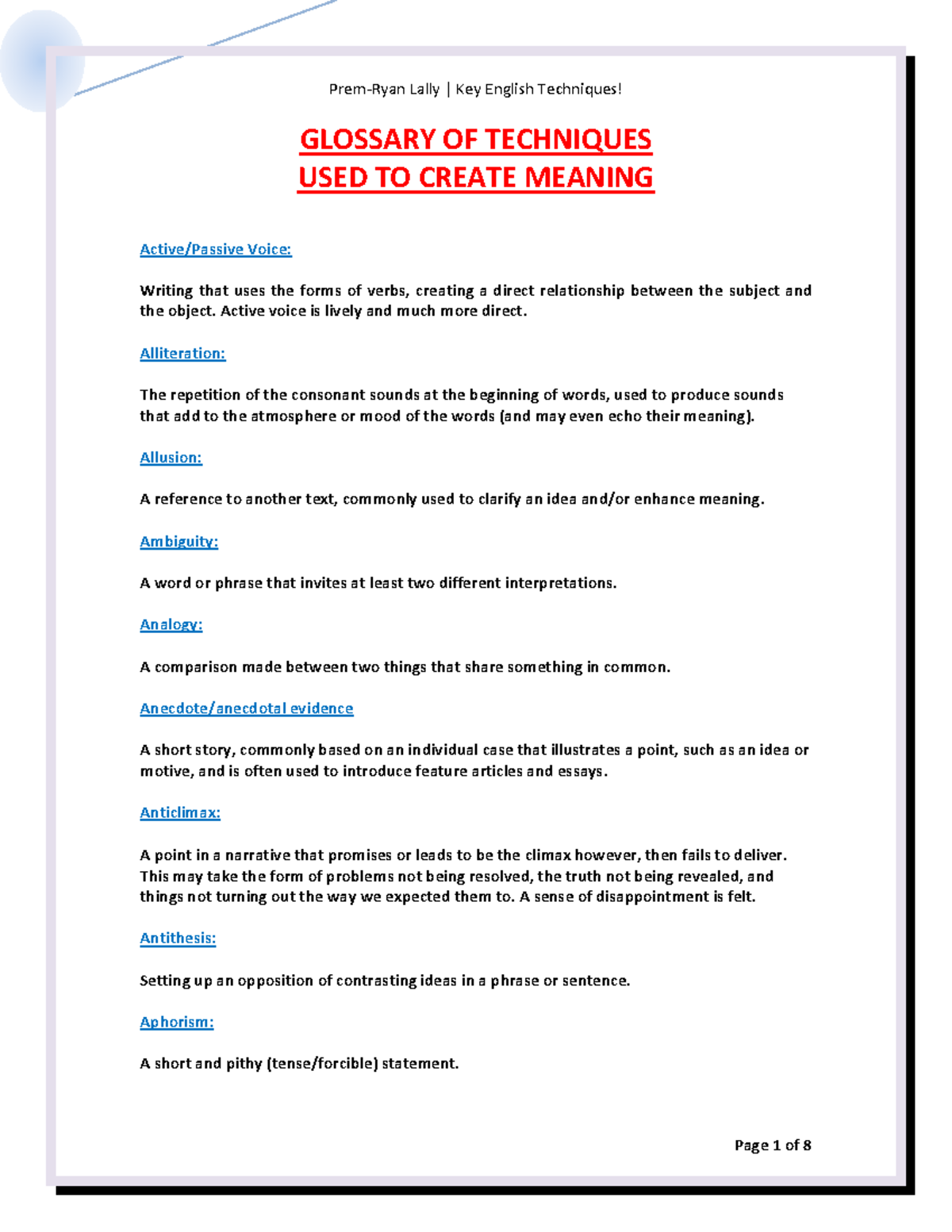 Lally Key English Techniques! GLOSSARY OF TECHNIQUES USED TO CREATE ...