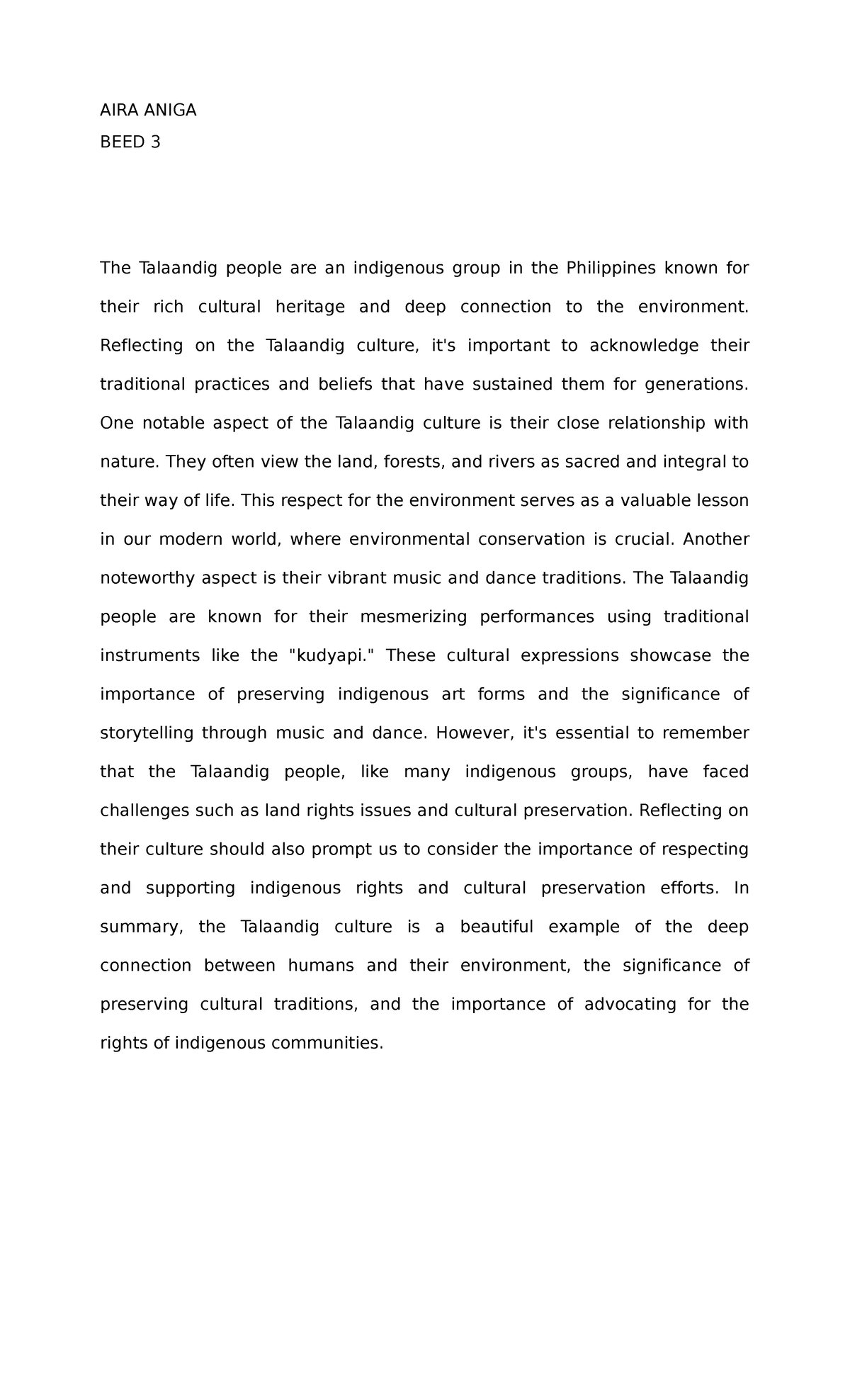 AIRA Aniga- Reflection - AIRA ANIGA BEED 3 The Talaandig people are an ...