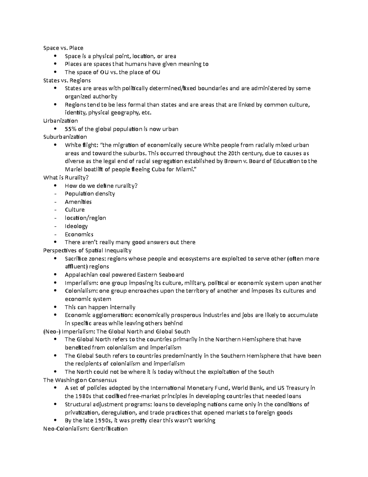 Week 11 Notes - Sam Smith SOC 1000 - Space vs. Place Space is a ...