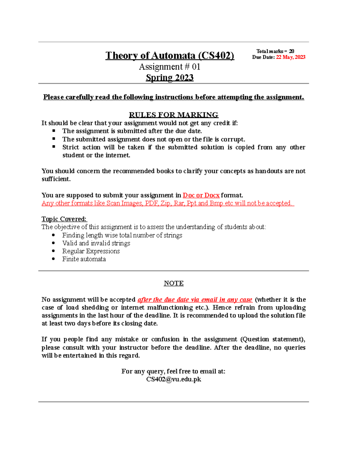 Spring 2023 CS402 1 - nothing special - Theory of Automata (CS402) Assignment # 01 Spring 2023 ...