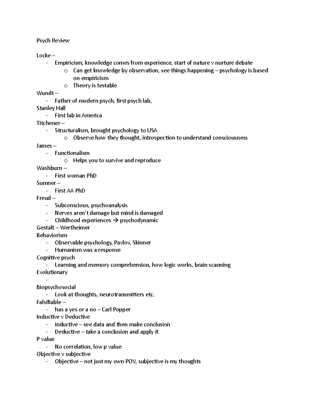 Psych Review - Unit 1 - Psych Review Locke – - Empiricism, knowledge ...