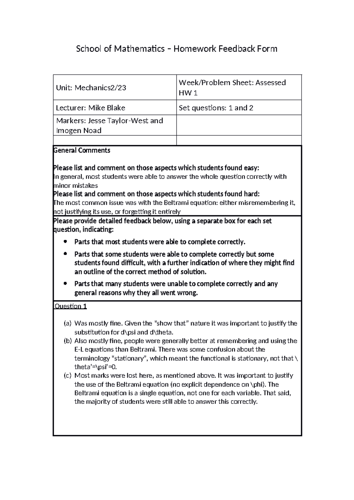 Mechanics Feedback Form - School of Mathematics – Homework Feedback ...