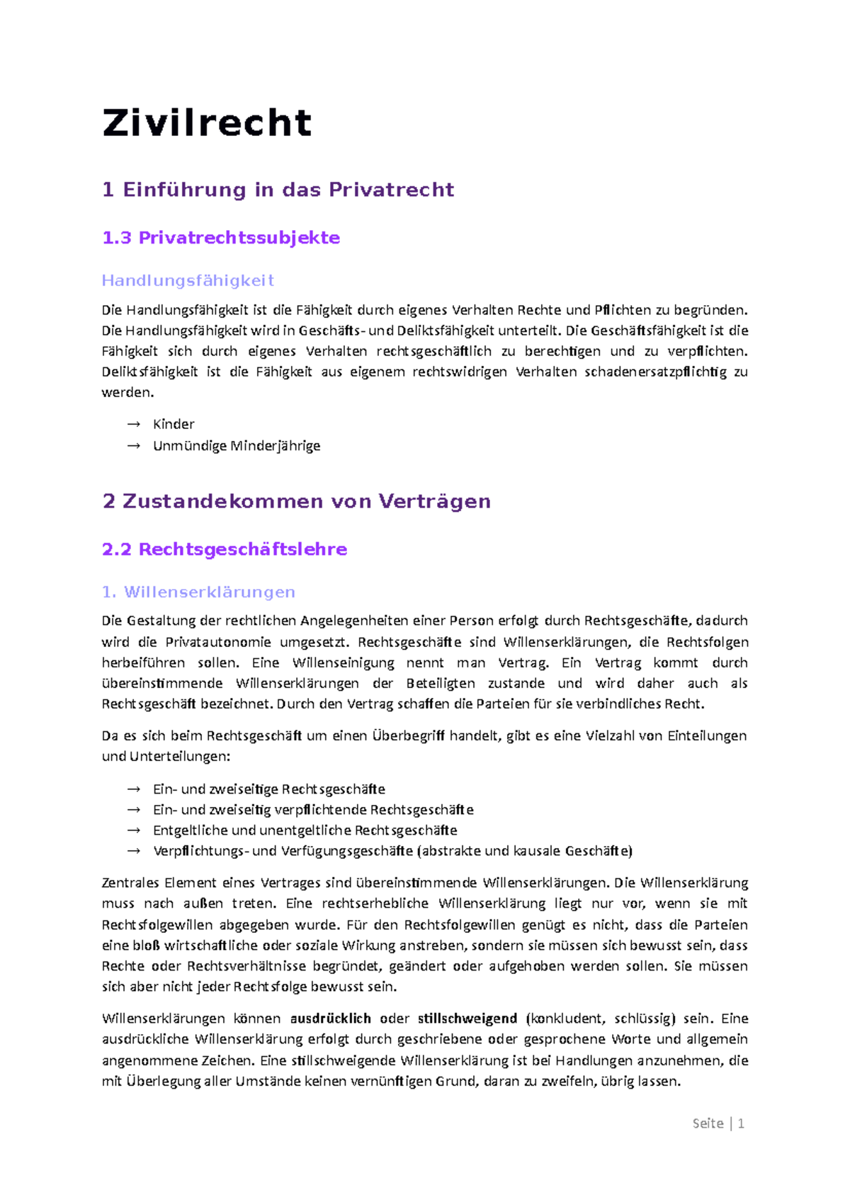 Zivilrecht - Mitschrift - Zivilrecht 1 Einführung in das Privatrecht 1 ...