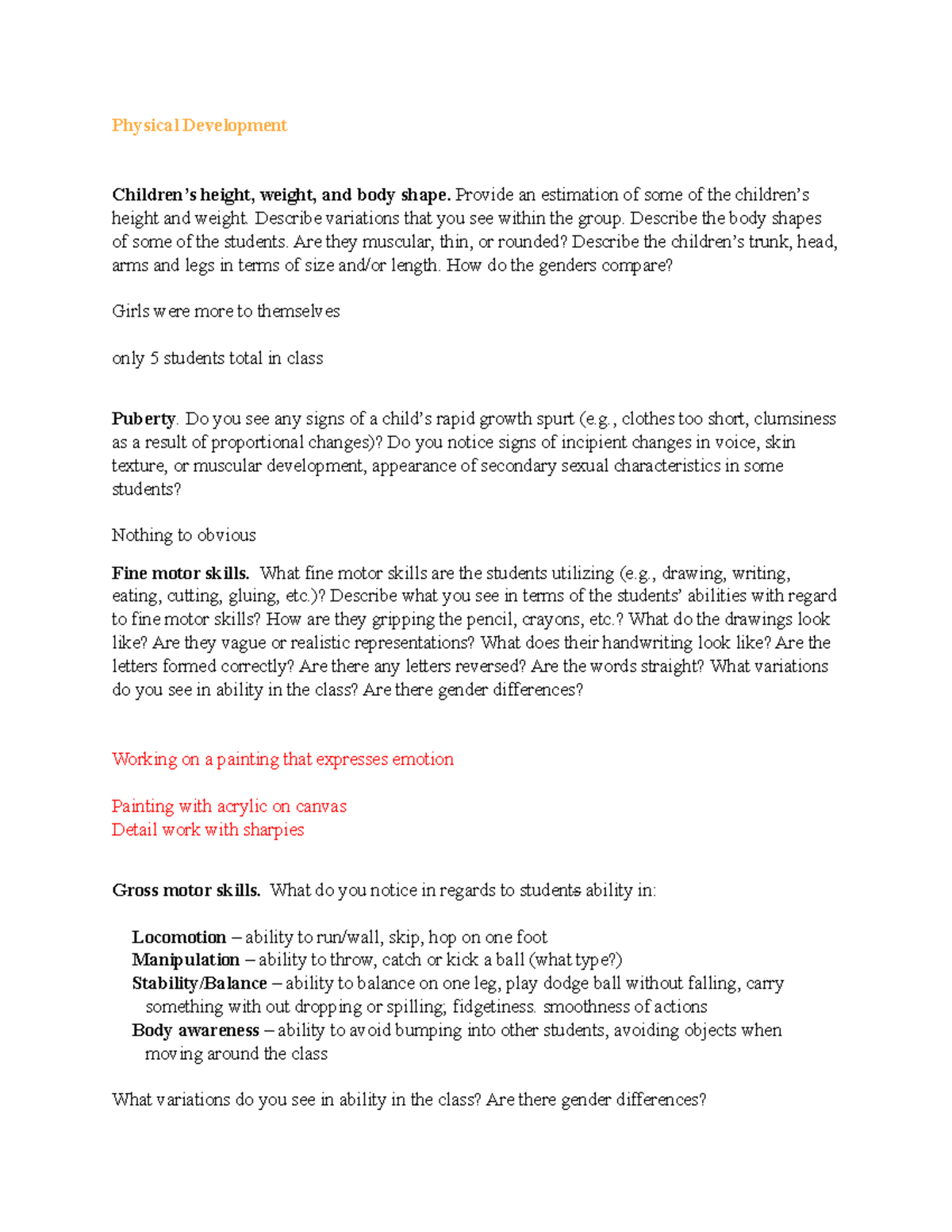 Classroom Observation Template - Physical Development ! ! Children’s ...