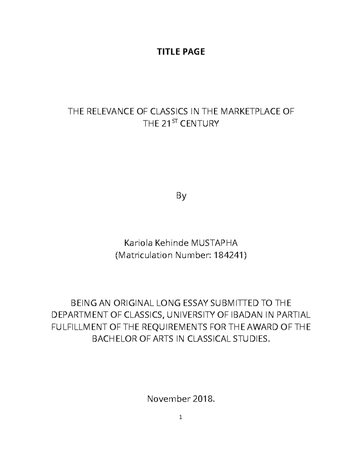 The Relevanceof Classicsinthe Marketplaceofthe 21st Century - TITLE ...