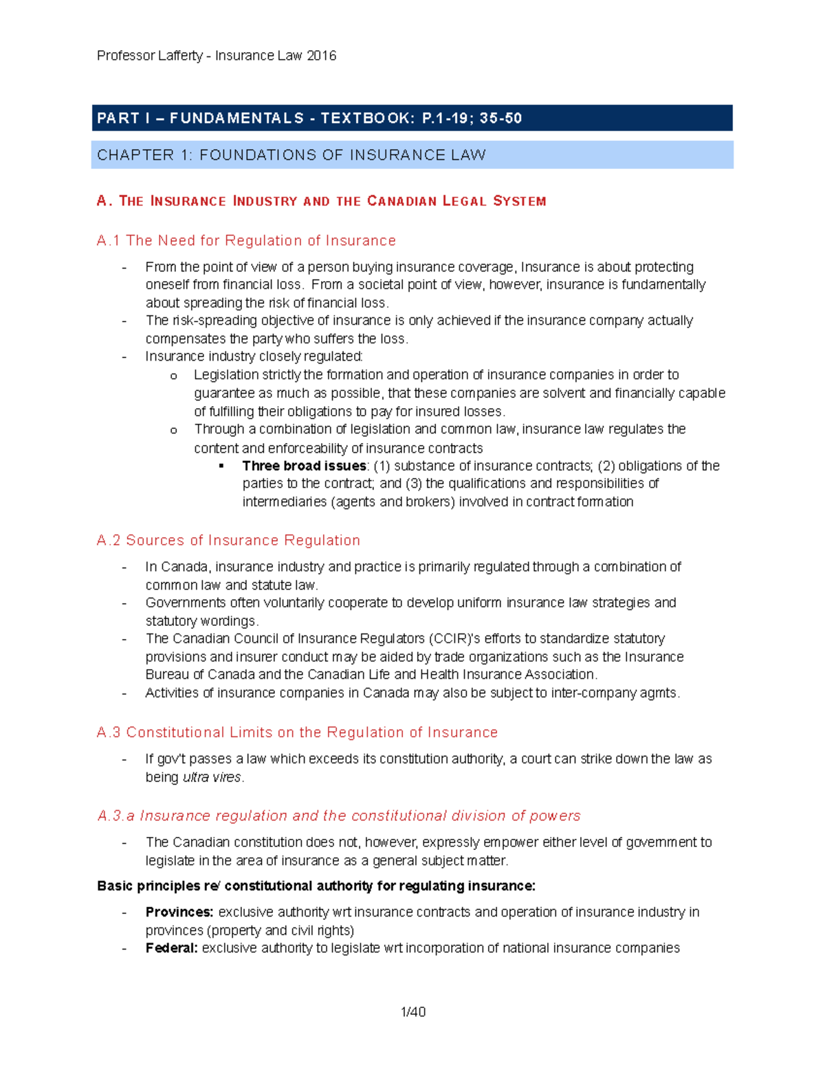 LAWS 2010 - Insurance - Professor Lafferty Insurance Law 2016 PART I ...