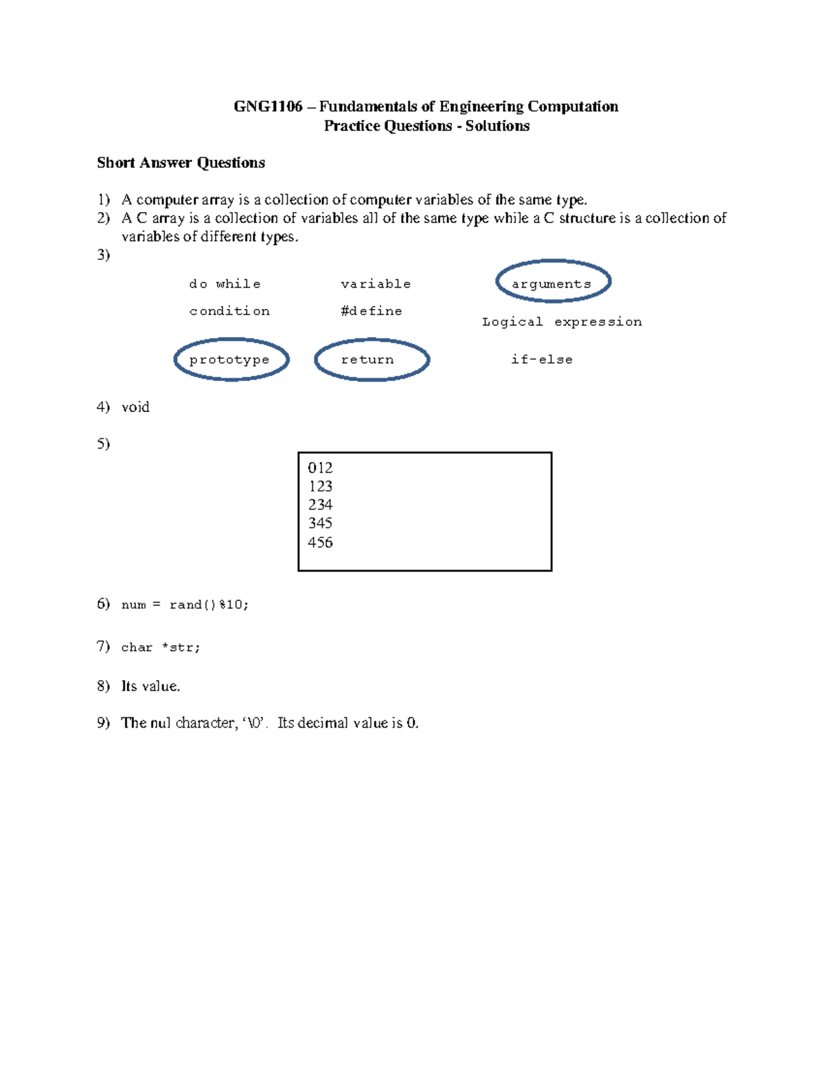 GNG1106 Practice Questions Solutions - GNG1106 – Fundamentals of Engineering Computation ...