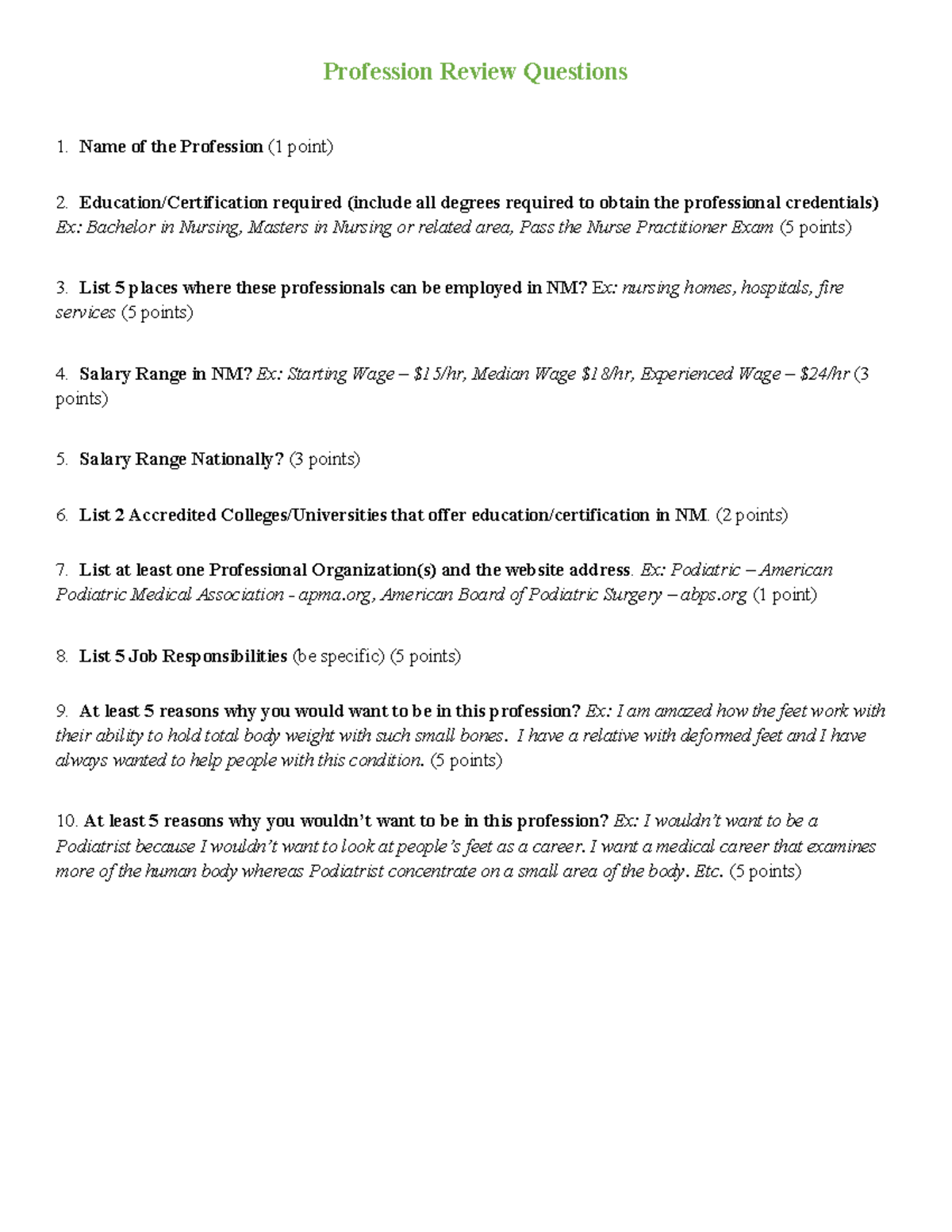 Profession Review Questions - Profession Review Questions Name of the Profession (1 point) - Studocu