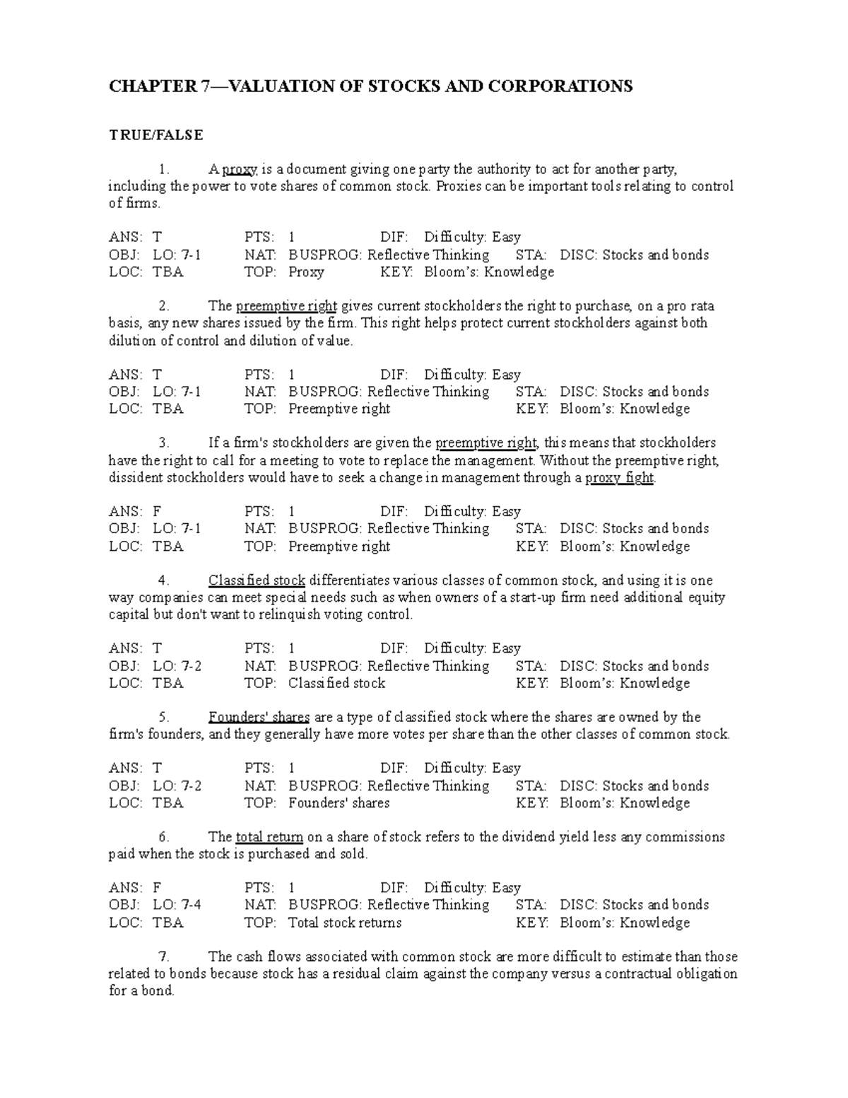FINB 314 Ch 7 - Testbank - CHAPTER 7—VALUATION OF STOCKS AND ...