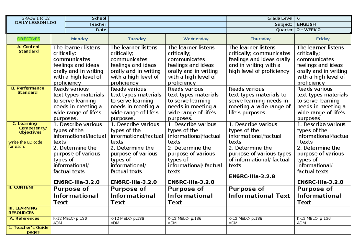 WEEK2-dll- English - GRADE 1 to 12 DAILY LESSON LOG School Grade Level 6 Teacher Subject ...