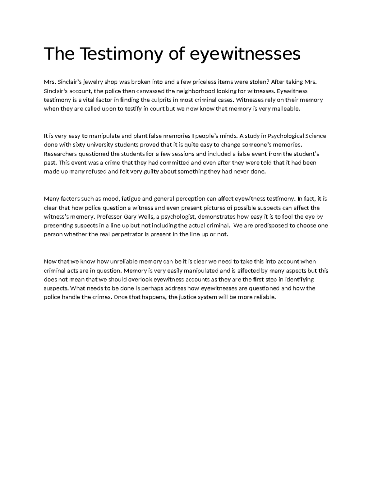 Sample-opinion-essay - The Testimony of eyewitnesses Mrs. Sinclair’s ...