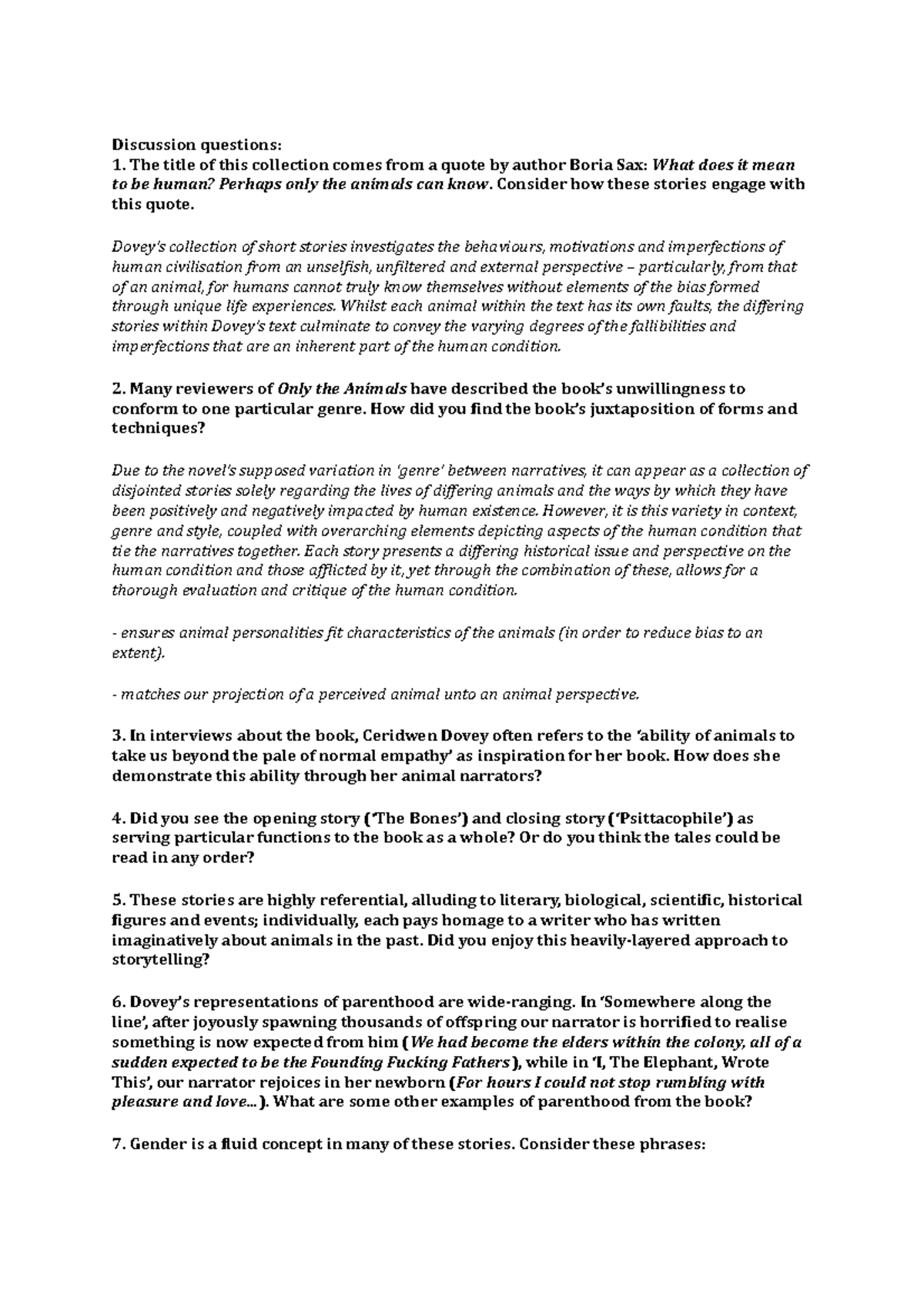 Discussion questions - NOTES ON ONLY THE ANIMALS - Discussion questions ...