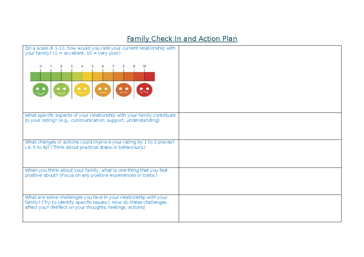 Family Check In and Action Plan worksheet - Family Check In and Action ...