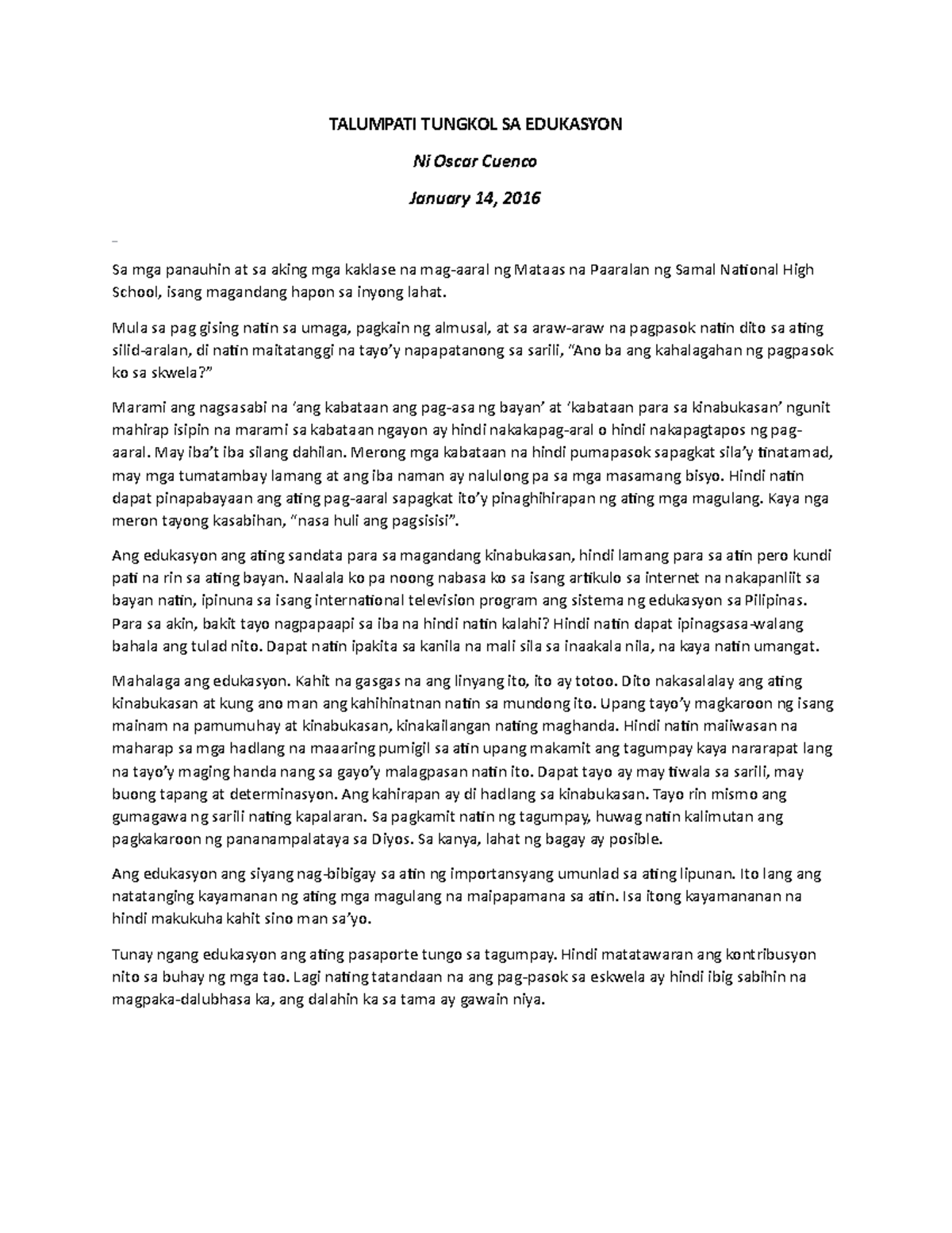 369096933 Talumpati Tungkol Sa Edukasyona - TALUMPATI TUNGKOL SA ...