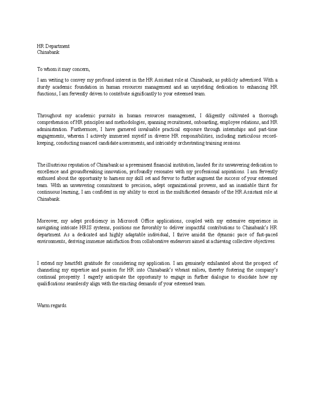 Application Letter - HR Department Chinabank To whom it may concern, I ...
