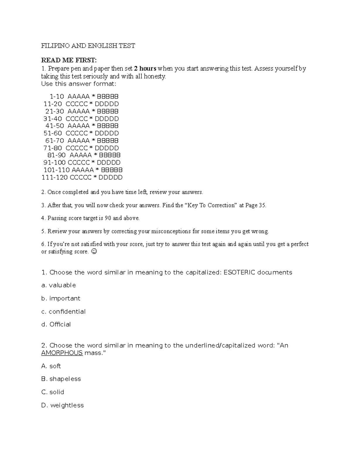 Filipino AND English TEST - FILIPINO AND ENGLISH TEST READ ME FIRST: 1 ...