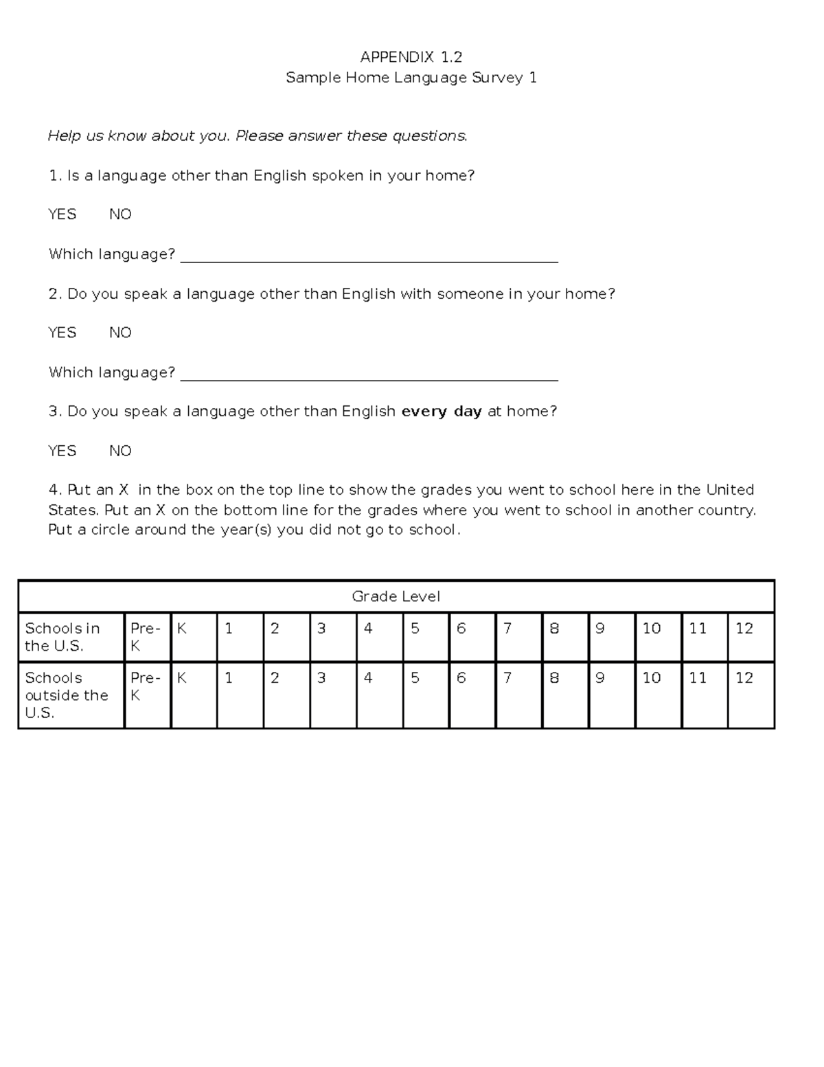 Home Language Survey - N/A - APPENDIX 1. Sample Home Language Survey 1 ...