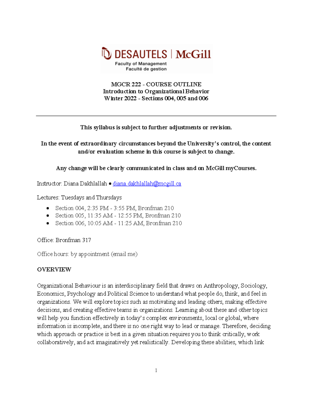 MGCR 222 Course Outline - MGCR 222 - COURSE OUTLINE Introduction to Organizational Behavior ...