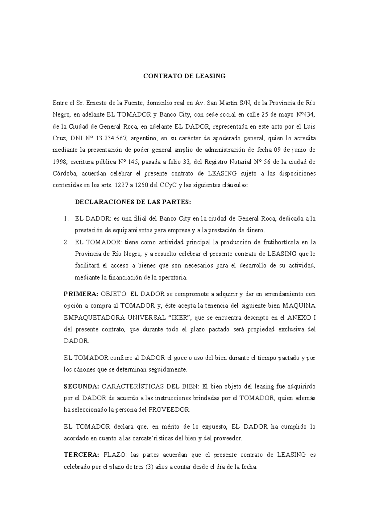 Contrato-DE- Leasing - tp aprobado con 7 - CONTRATO DE LEASING Entre el ...