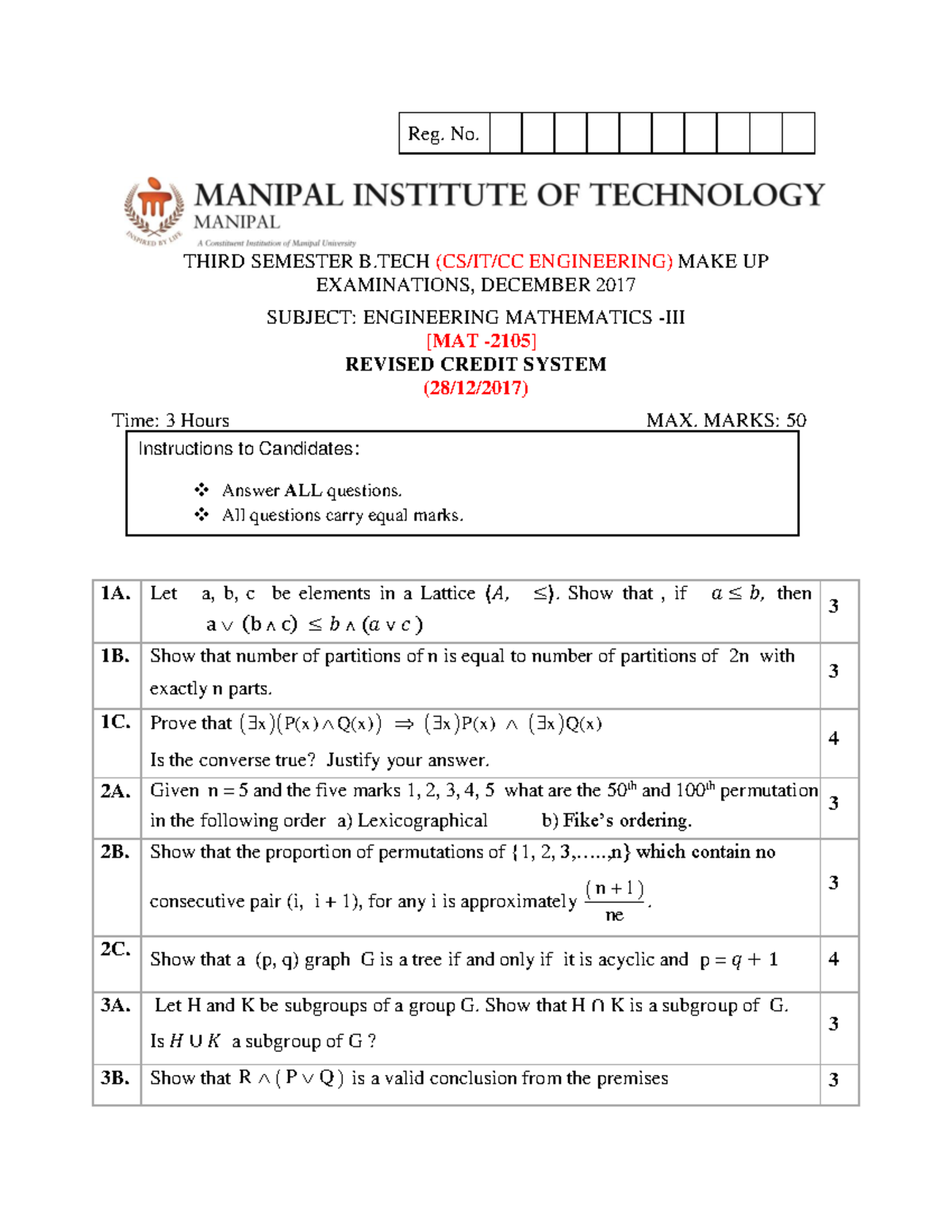2017-Engineering Mathematics -III (MAT 2105) RCS MAKE UP - Reg. No ...