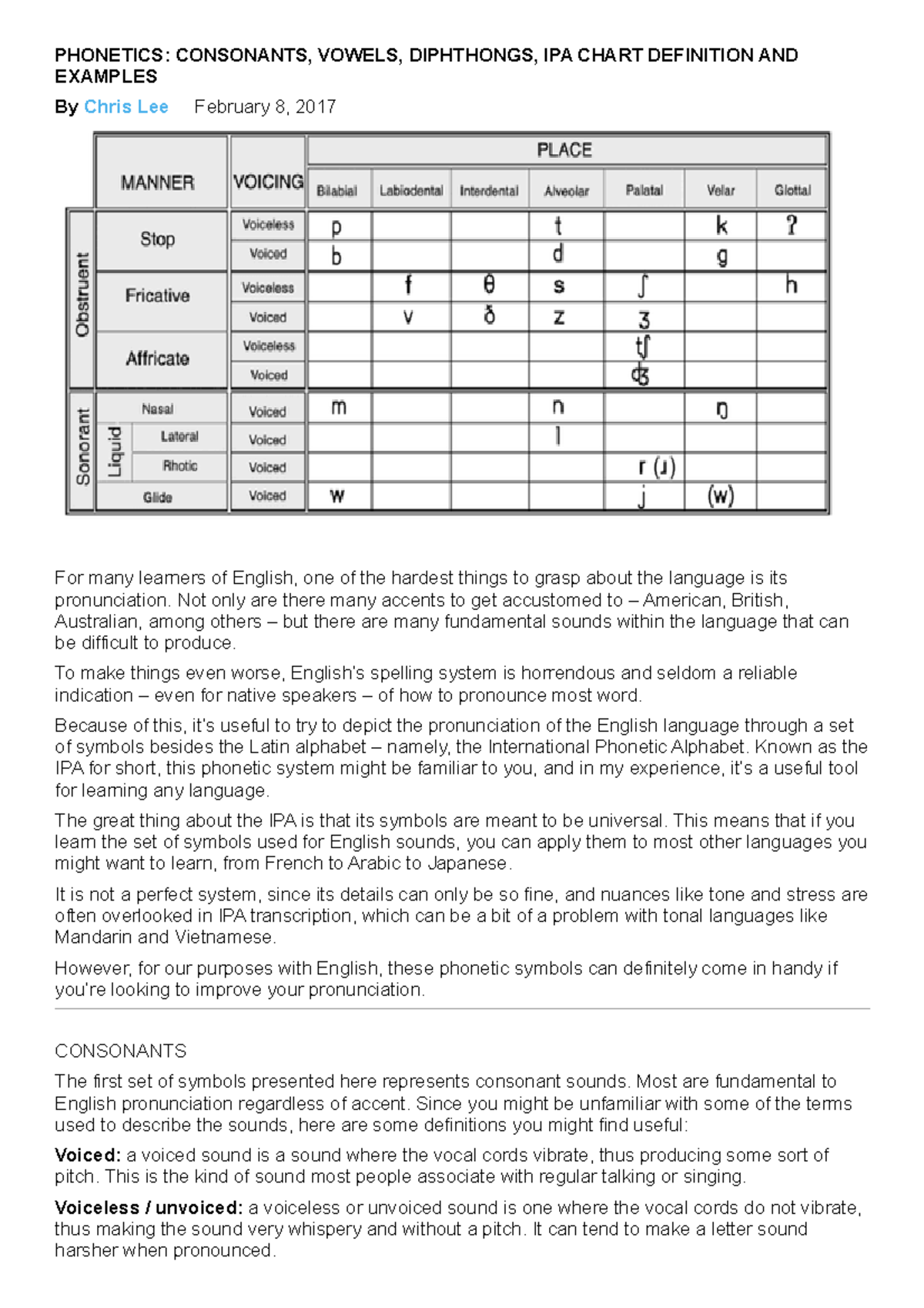 Phonetics Charts AND Notes - PHONETICS: CONSONANTS, VOWELS, DIPHTHONGS ...