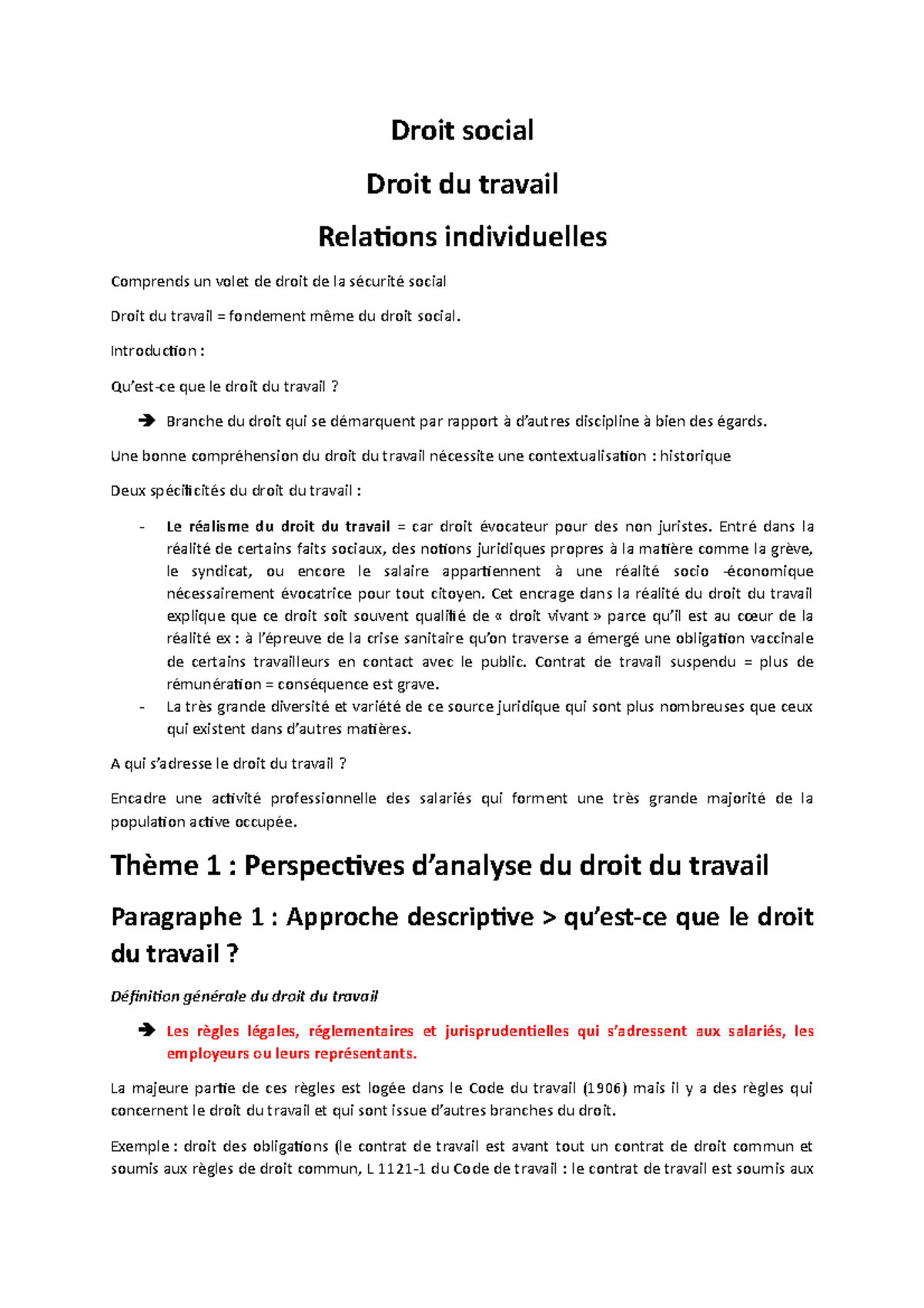 Droit social - Notes de cours - Droit social Droit du travail Relations ...
