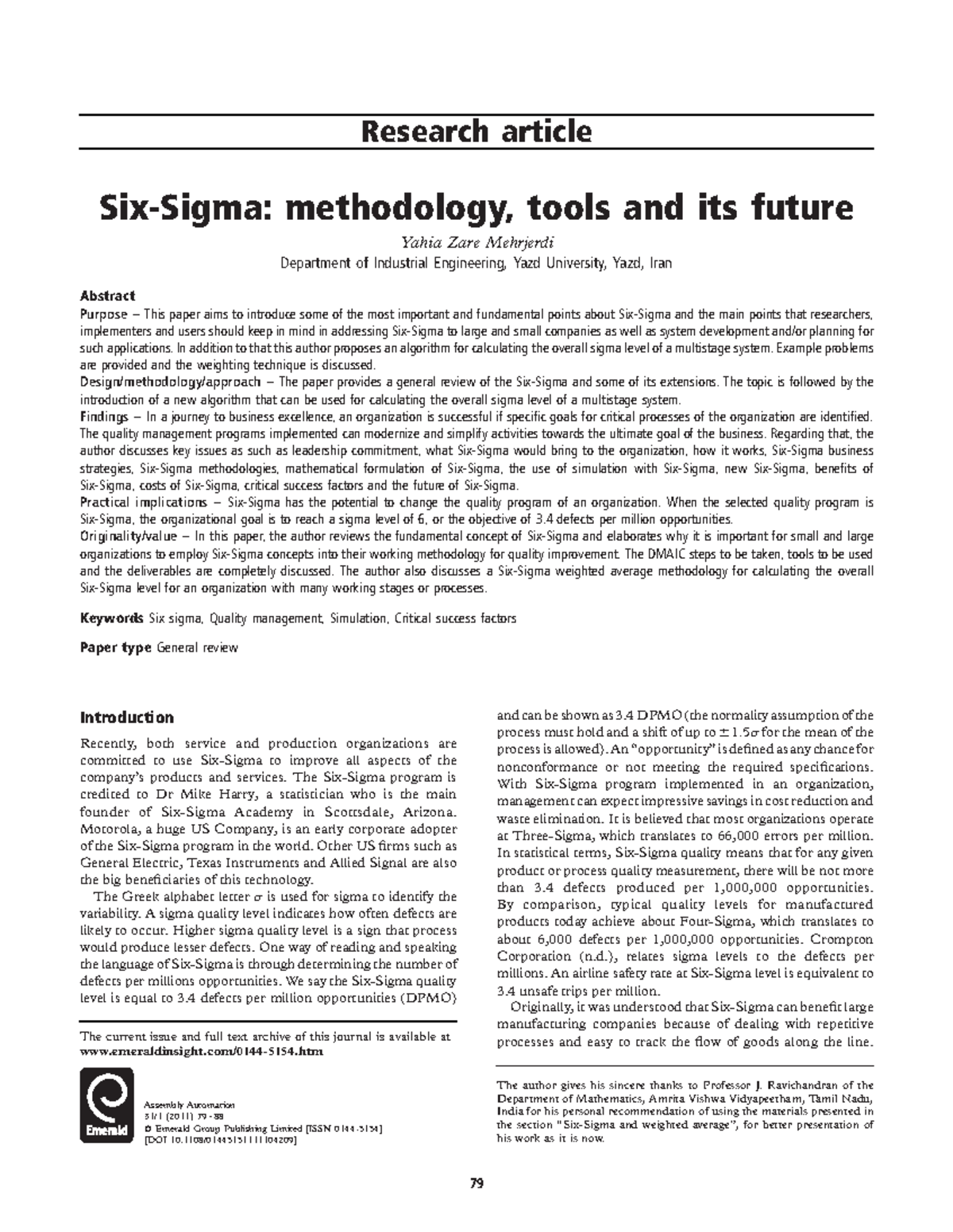 Six sigma 1 - Research article Six-Sigma: methodology, tools and its ...